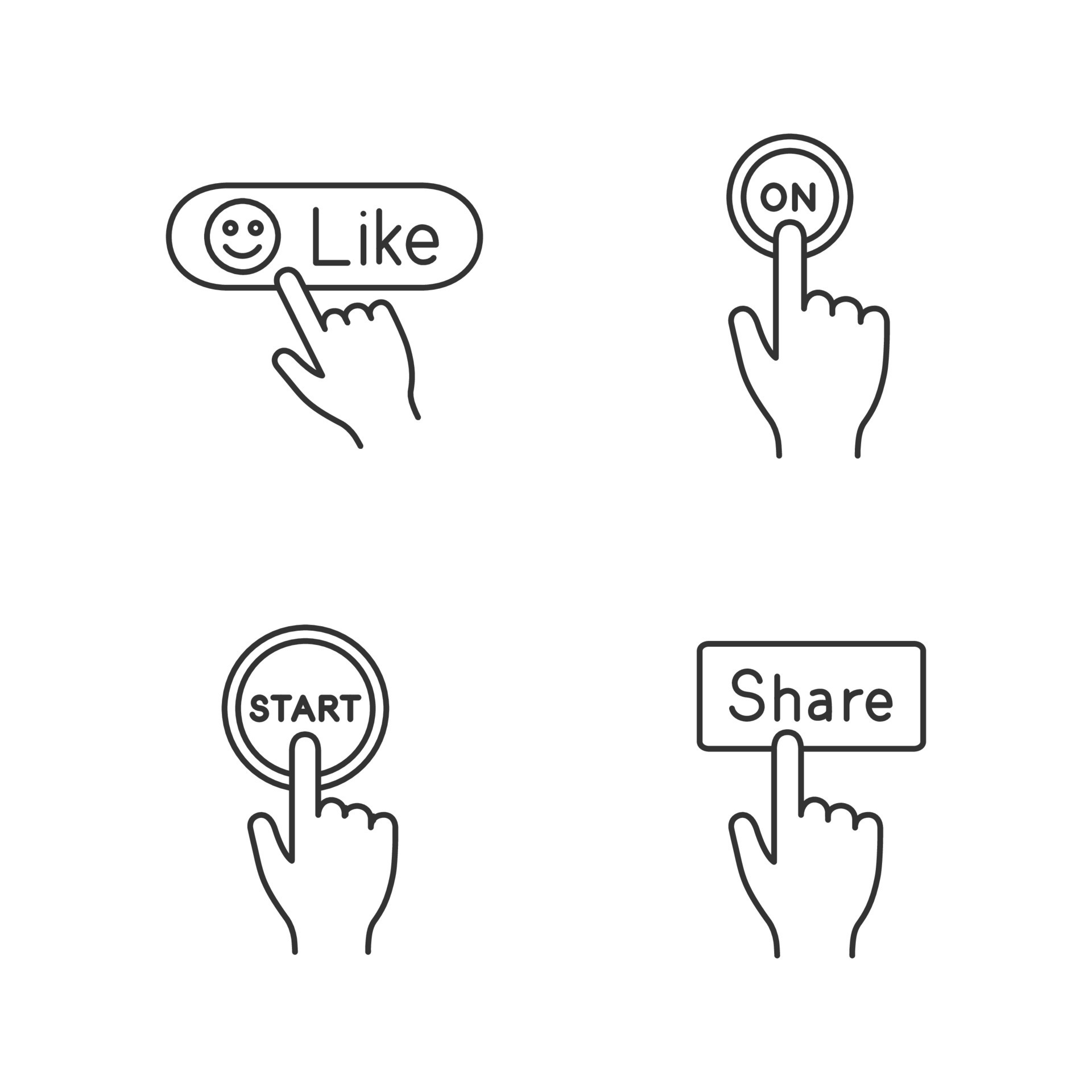 App buttons linear icons set. Click. Like, turn on, start, share. Thin ...