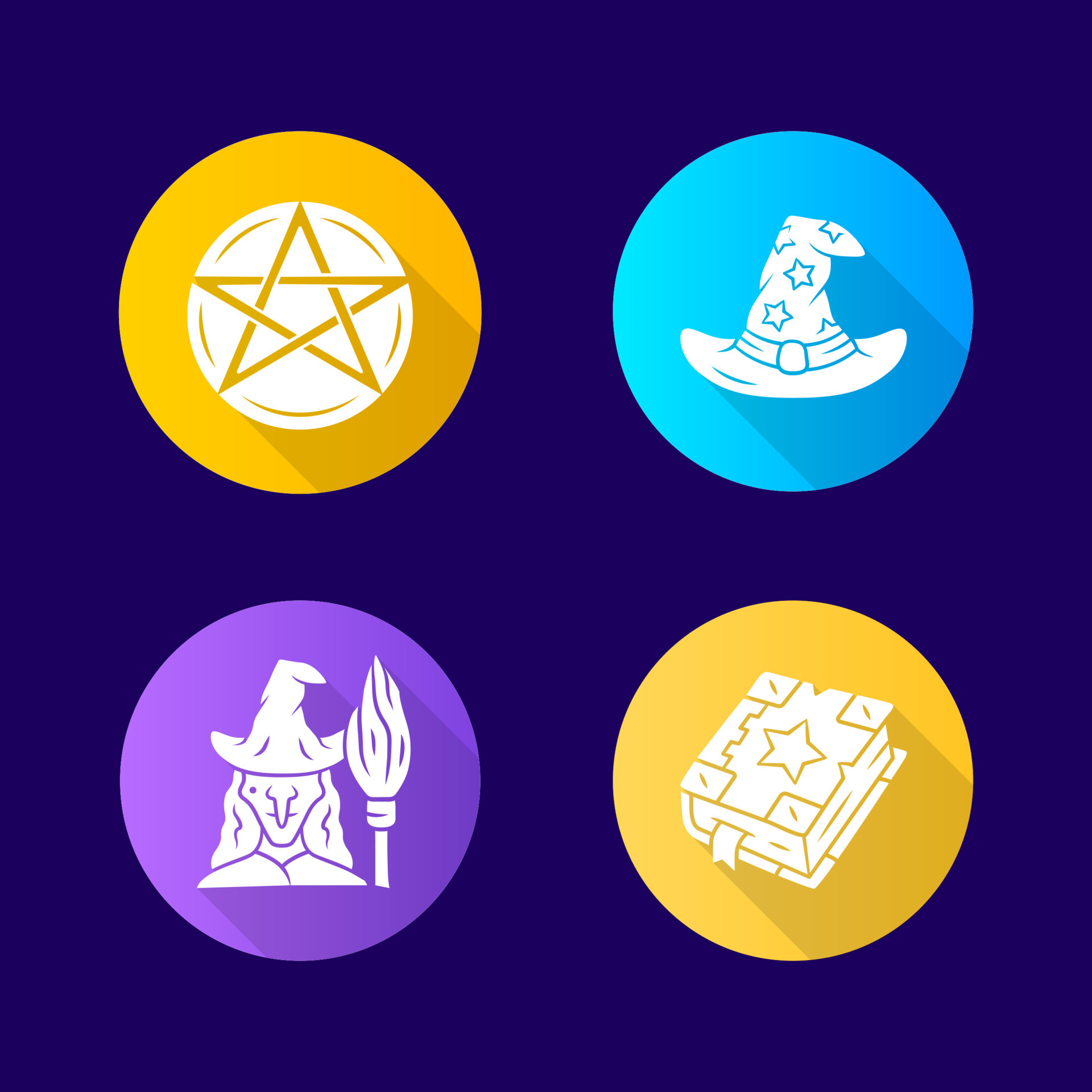 Magic Flat Design Long Shadow Glyph Icons Set Pentagram Wizard Hat