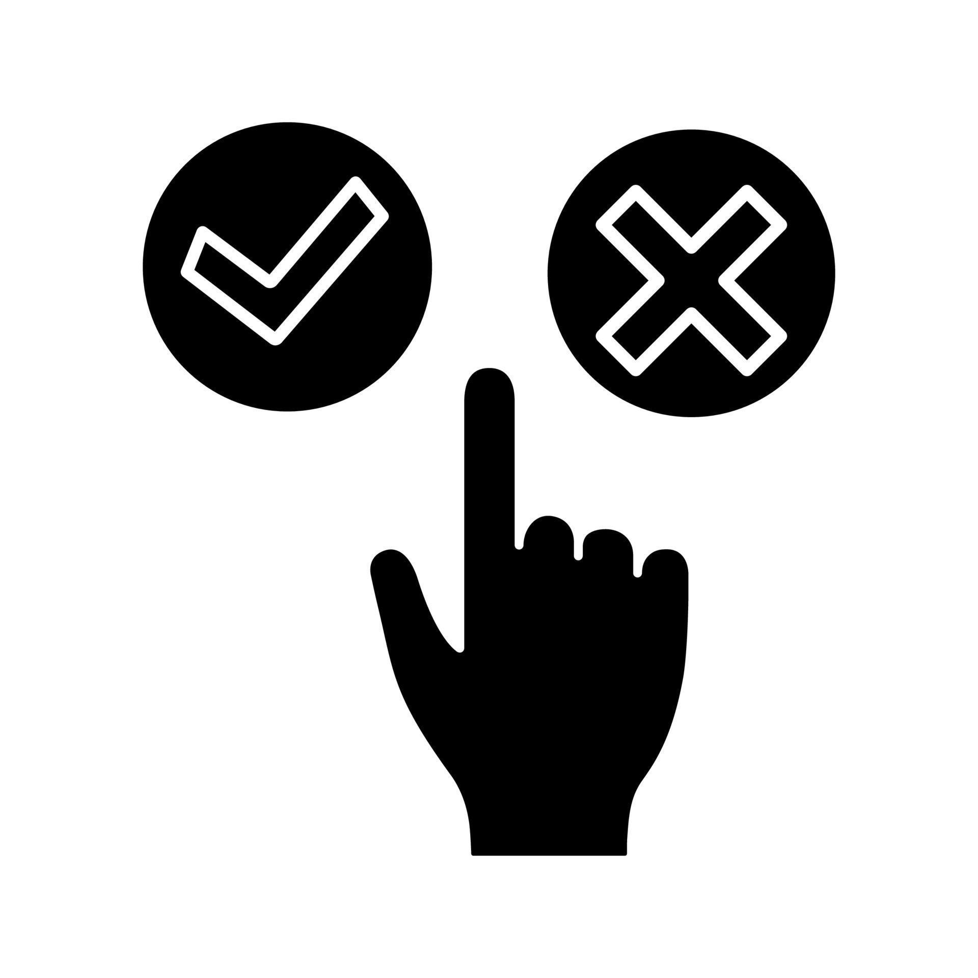 Accept and decline buttons glyph icon. Silhouette symbol. Yes or no click. Approve and delete ...