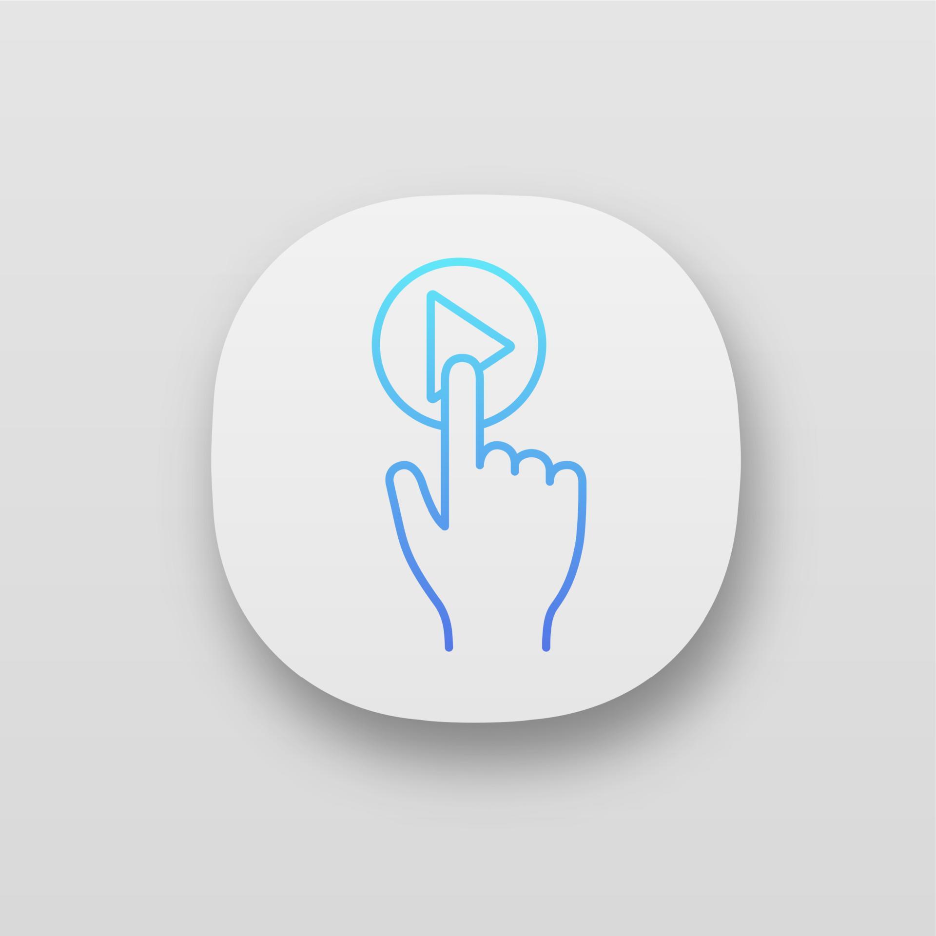Play button click app icon. UI UX user interface. Start, launch. Media player. Hand pushing ...