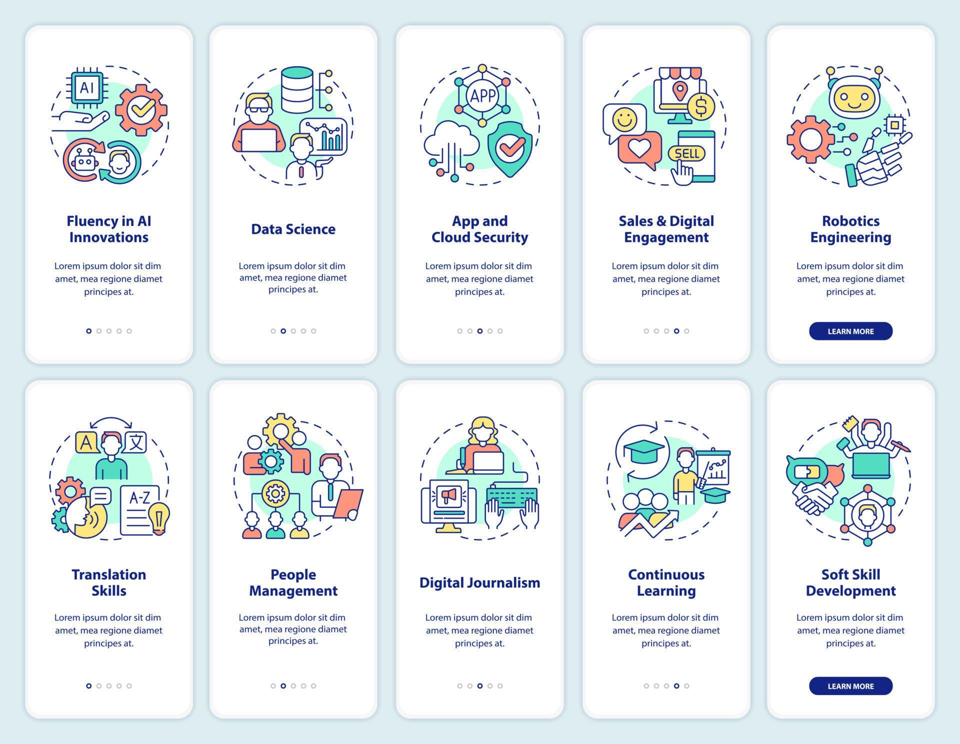 Digital Skills And Career Development Onboarding Mobile App Screen Set Walkthrough 5 Steps