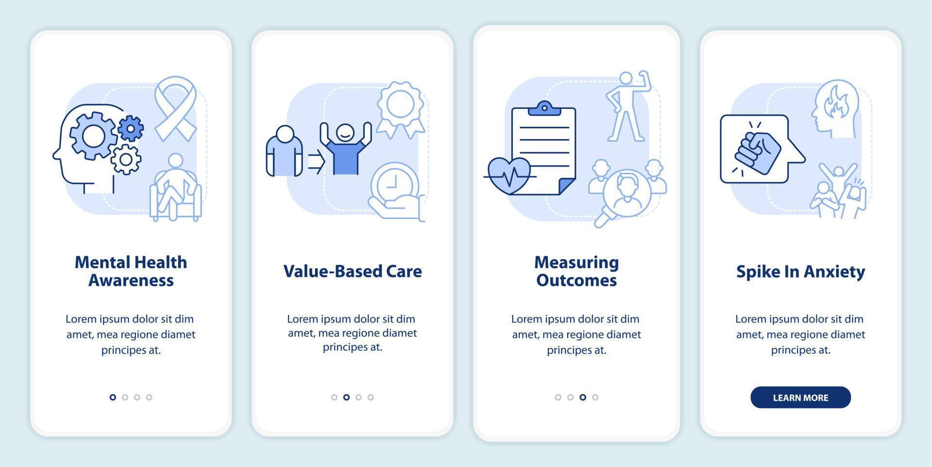 Behavioral trends light blue onboarding mobile app screen. Mental health walkthrough 4 steps ...