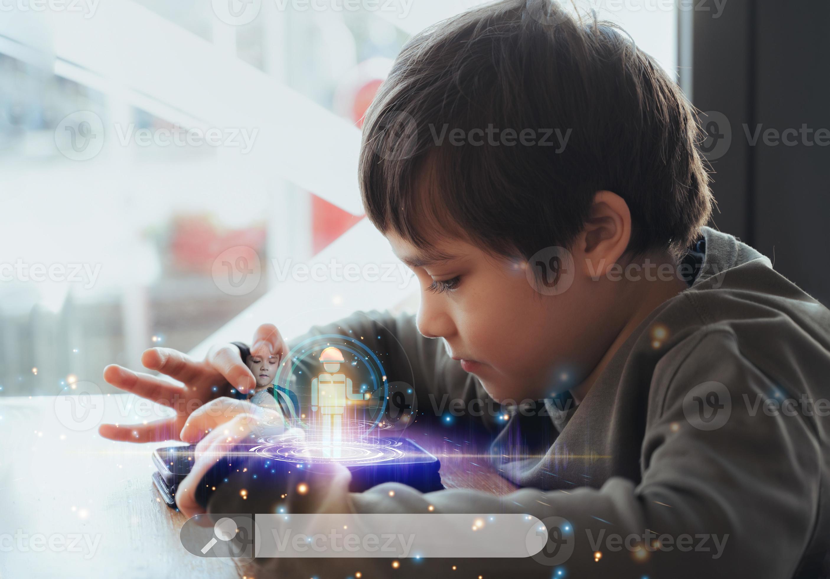 Kid building robot game on tablet with notification face icon pop up ...