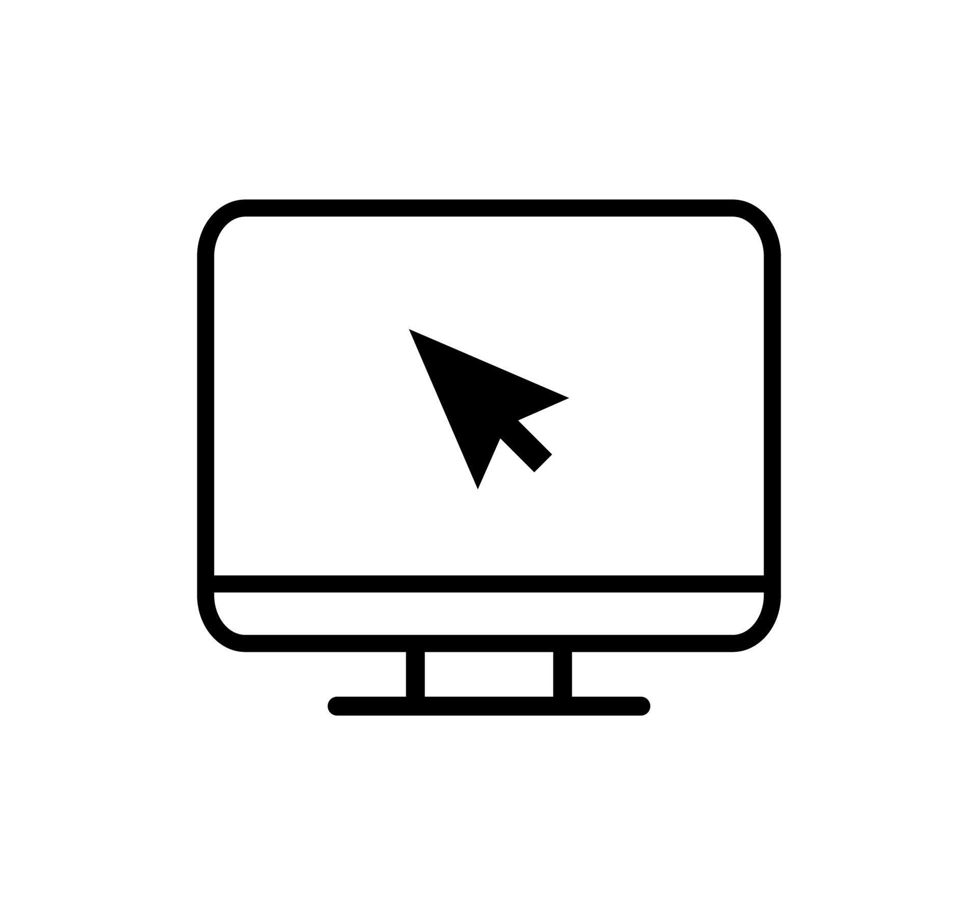 Monitor with mouse cursor outline. Computer cursor line vector icon. linear style sign for ...
