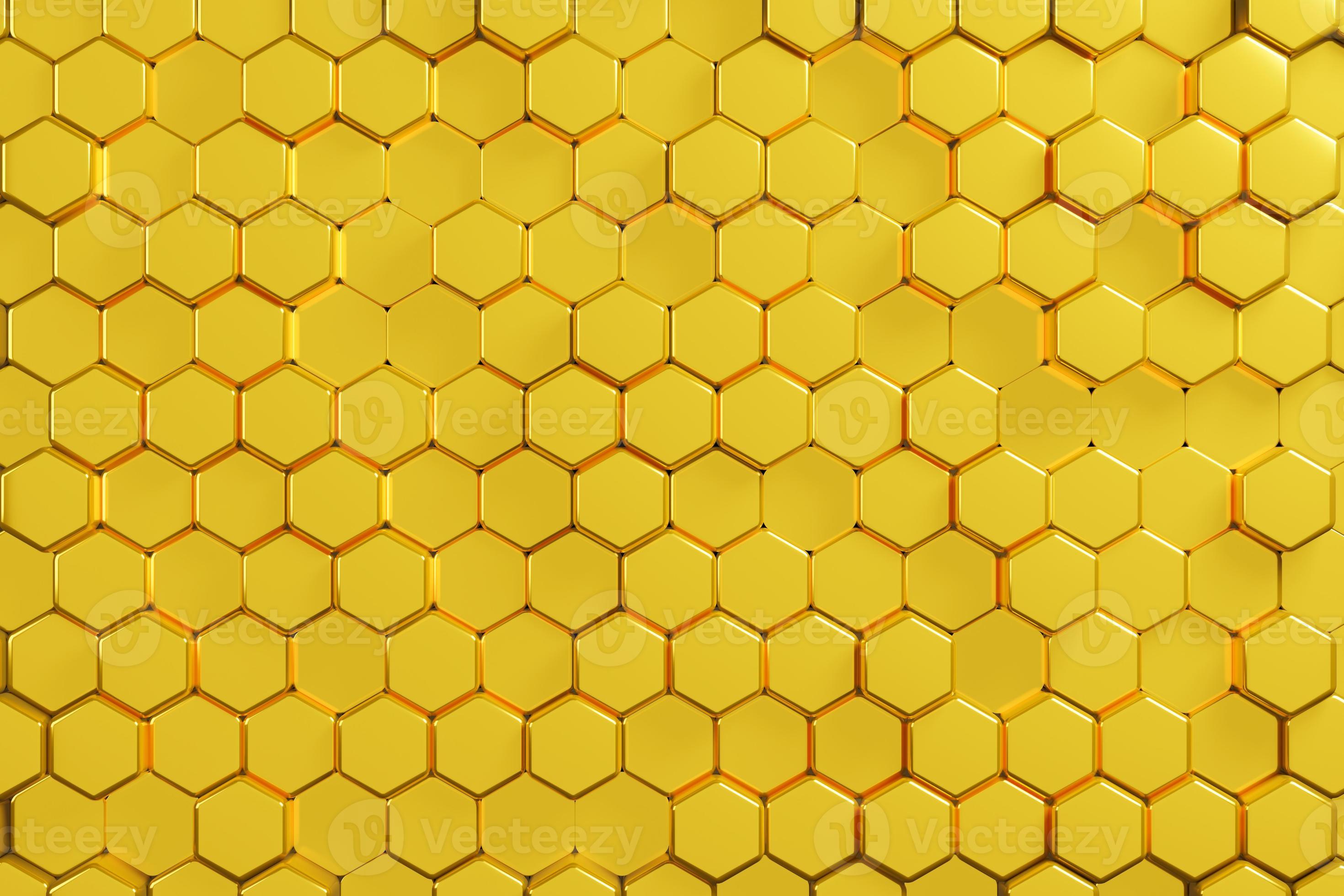 Honeycomb mosaic golden geometric pattern futuristic background. 3d illustration realistic ...
