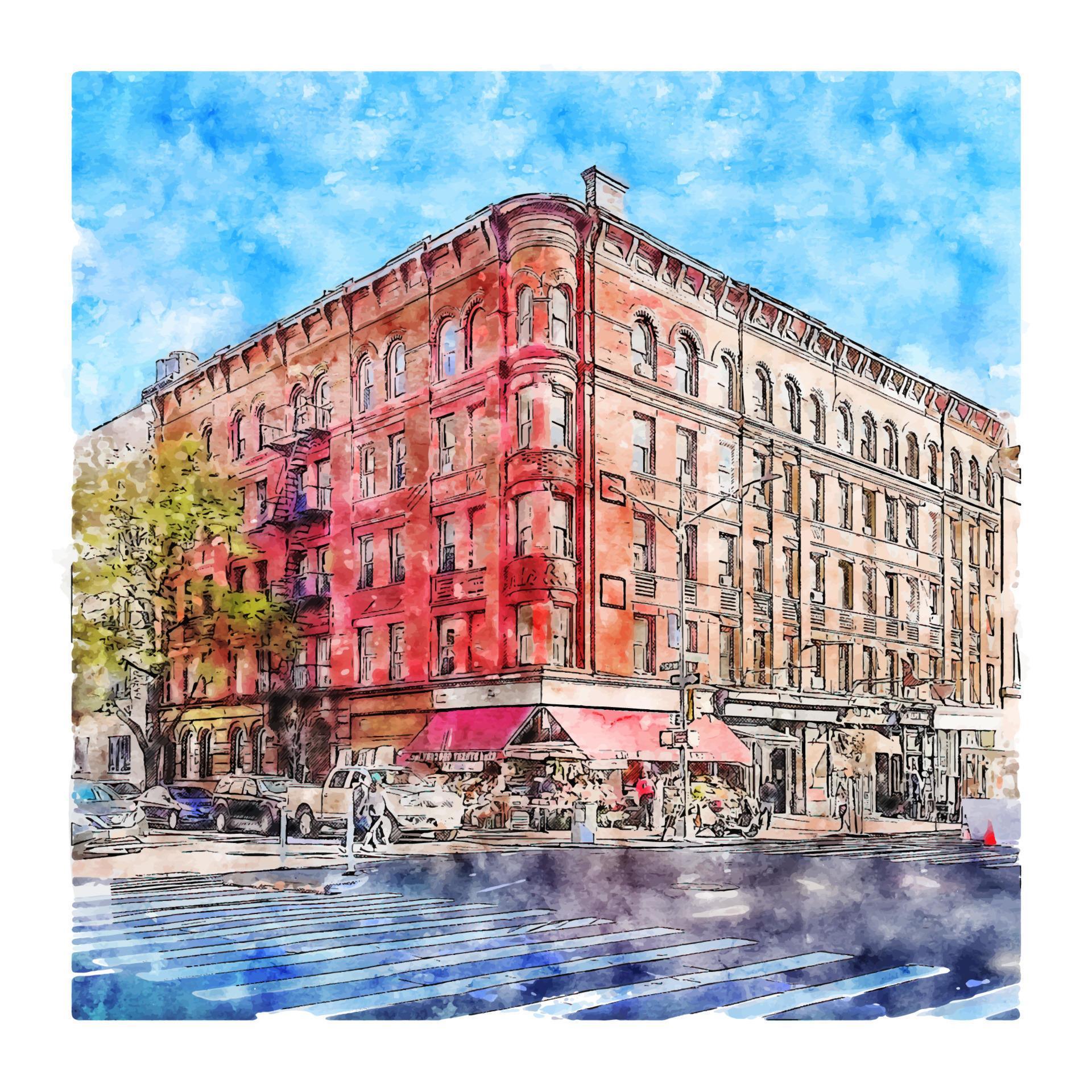 Architecture New York Watercolor sketch hand drawn illustration ...