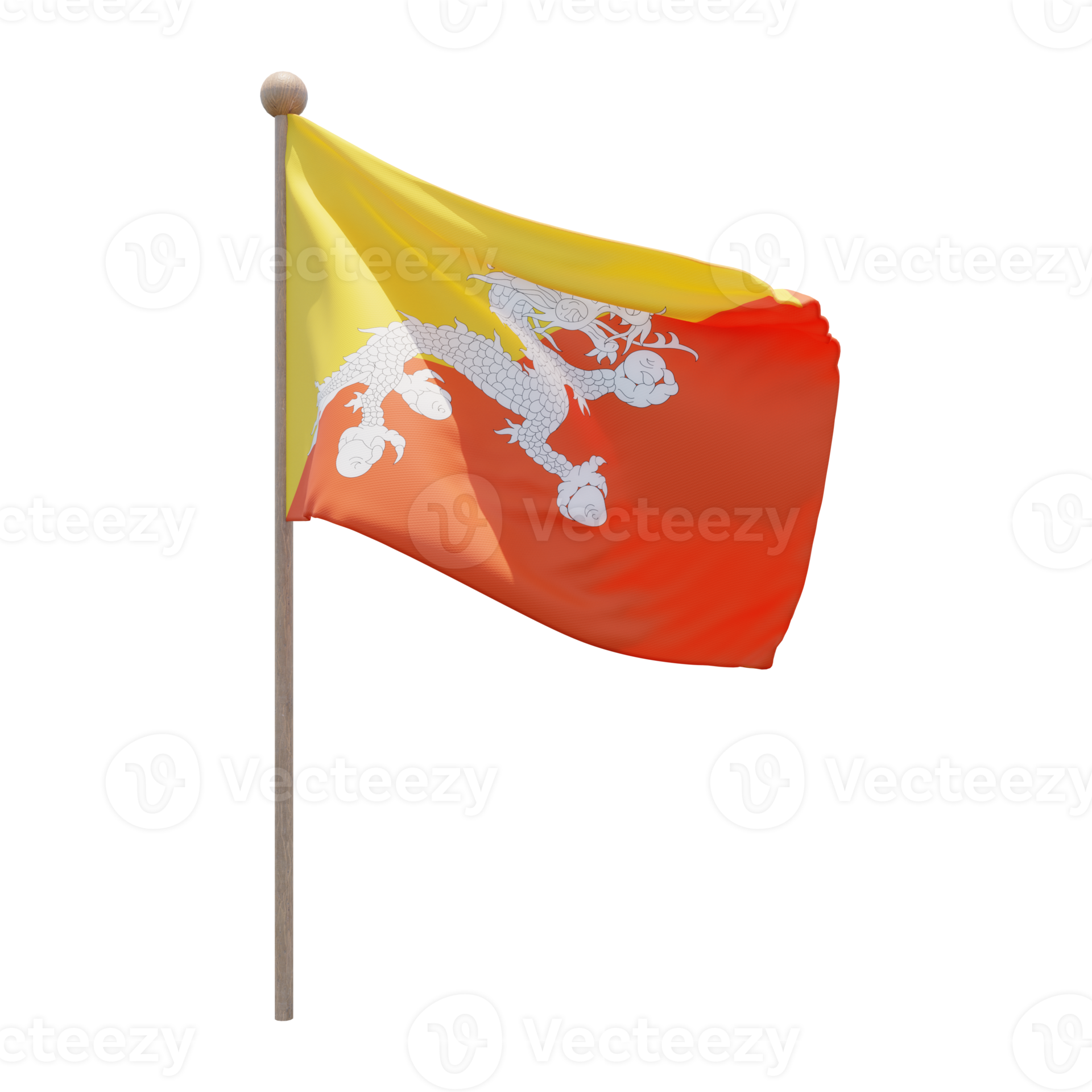 Bhutan 3d illustration flag on pole. Wood flagpole 11285764 PNG