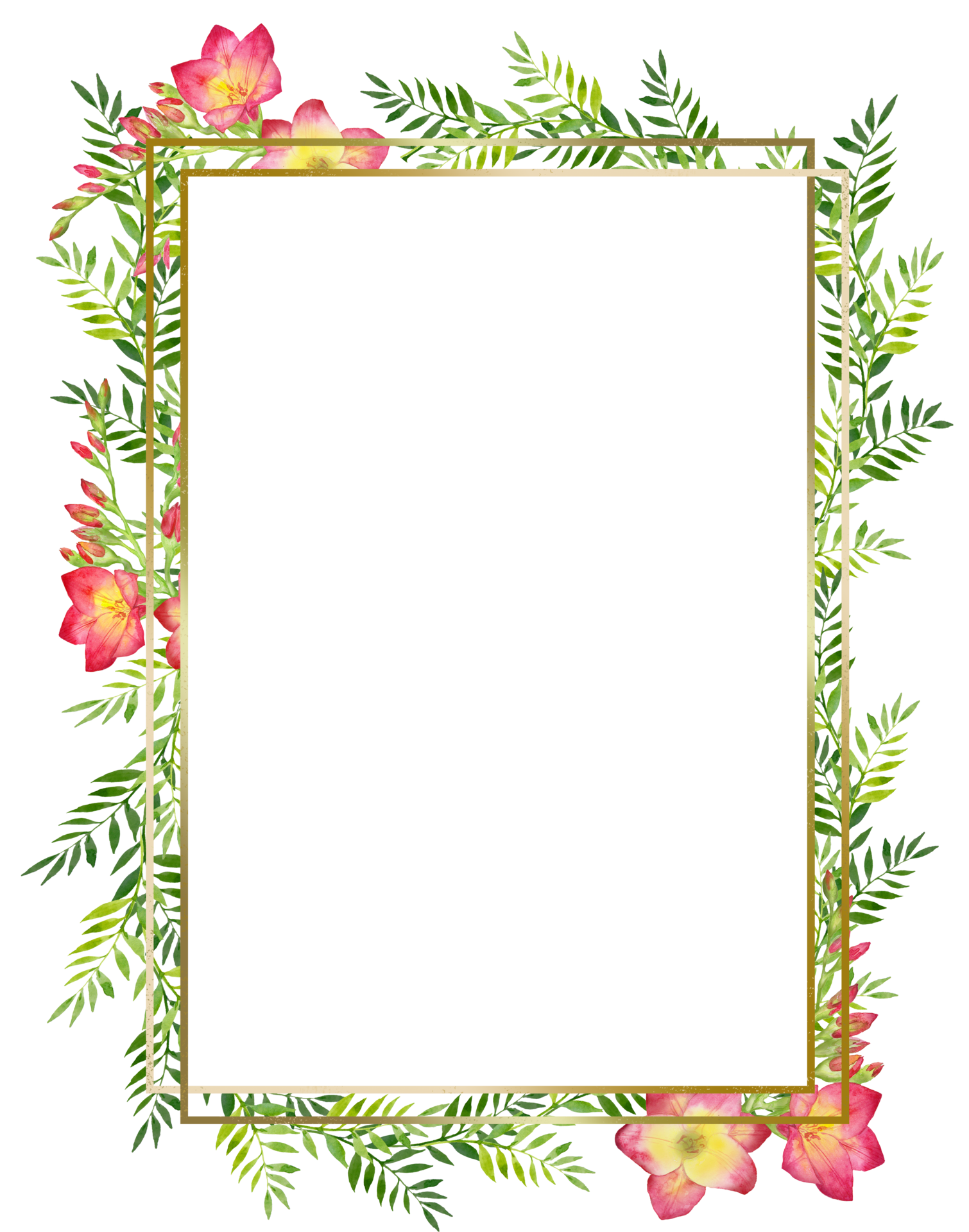 Watercolor illustration Square frame with green leaves and red freesia bouquet, branch with buds ...