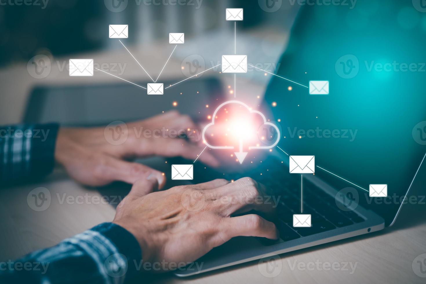 Hand using laptop with cloud computing and Email online storage concept, Cloud Computing ...