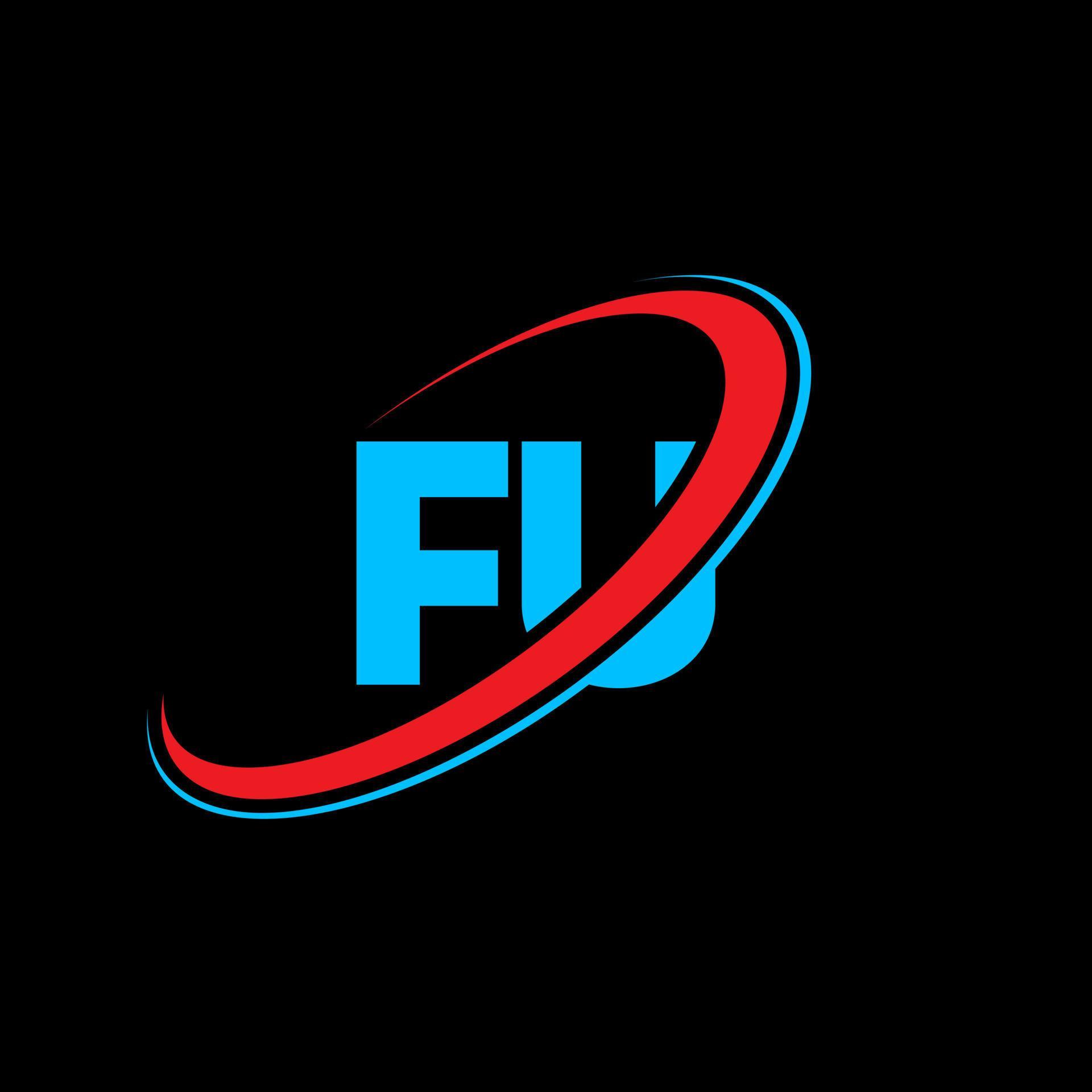 FU F U letter logo design. Initial letter FU linked circle uppercase monogram logo red and blue ...