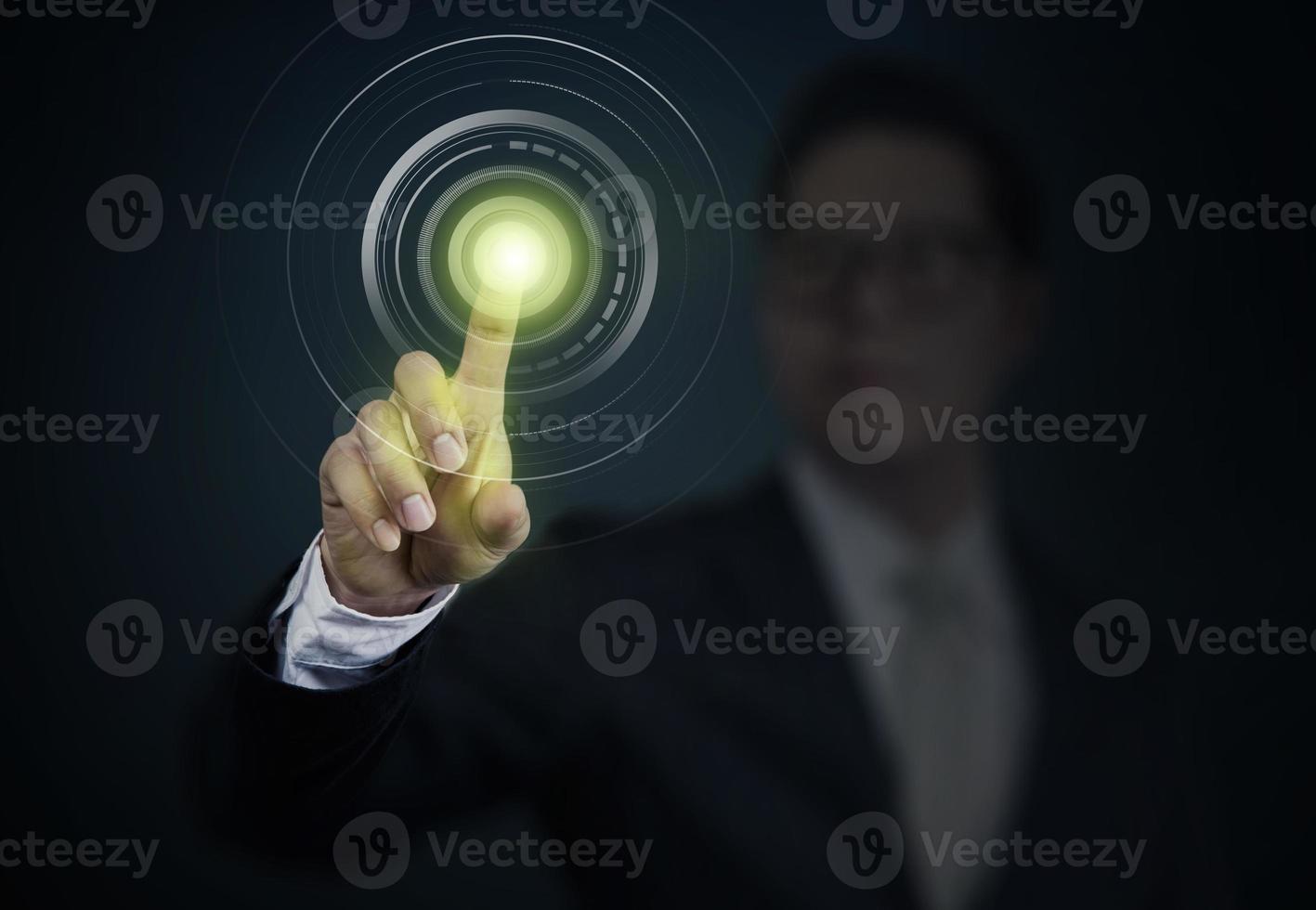 Business Man pushing a power button on touch screen interface. Business ...