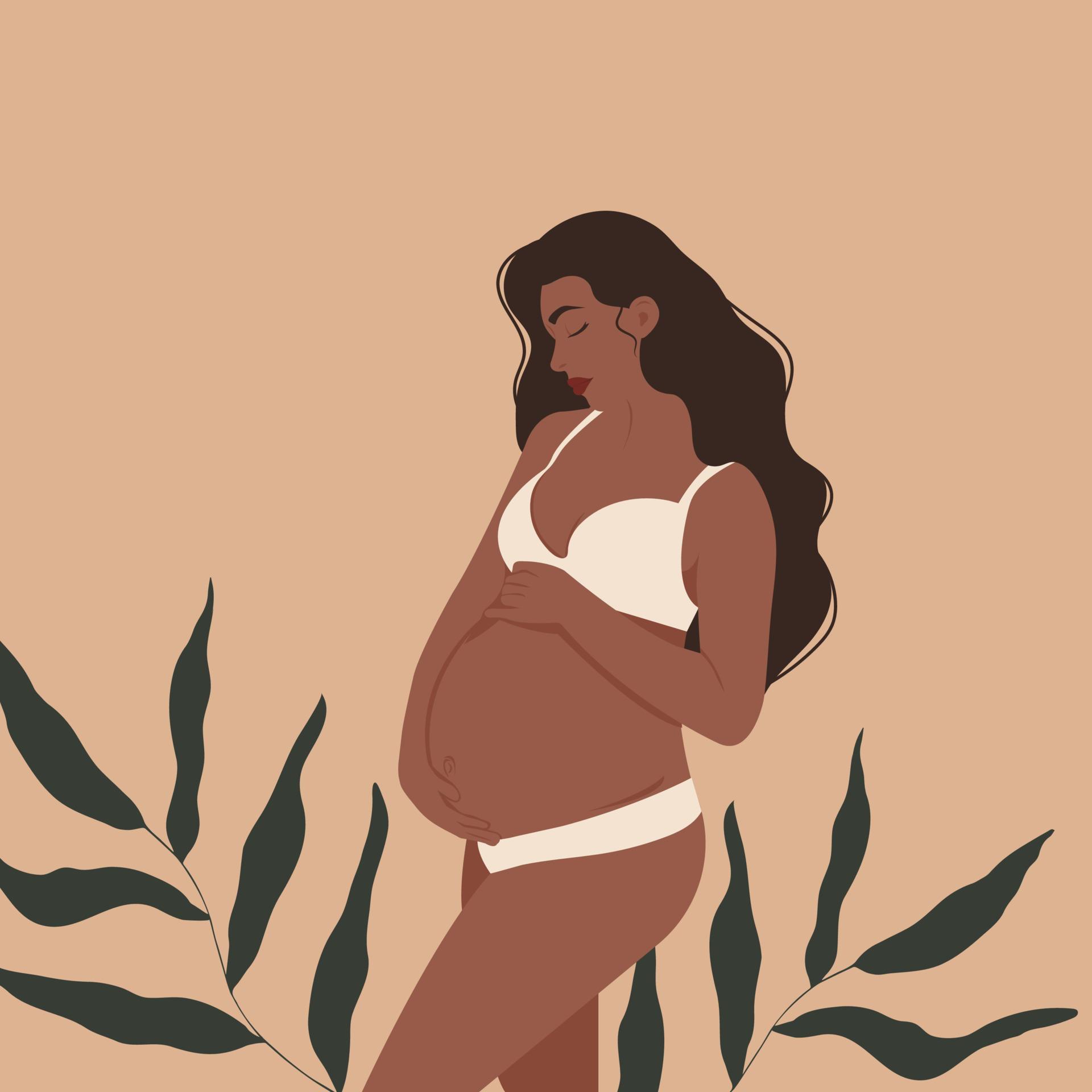 Pregnant Young Dark Skinned Girl With Long Black Hair In Brown Flowers