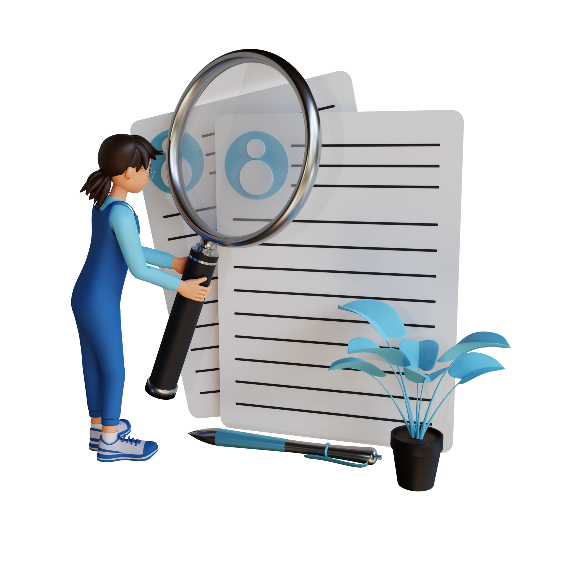 Young Woman Holding Magnifying Glass 3d Cartoon Character Illustration