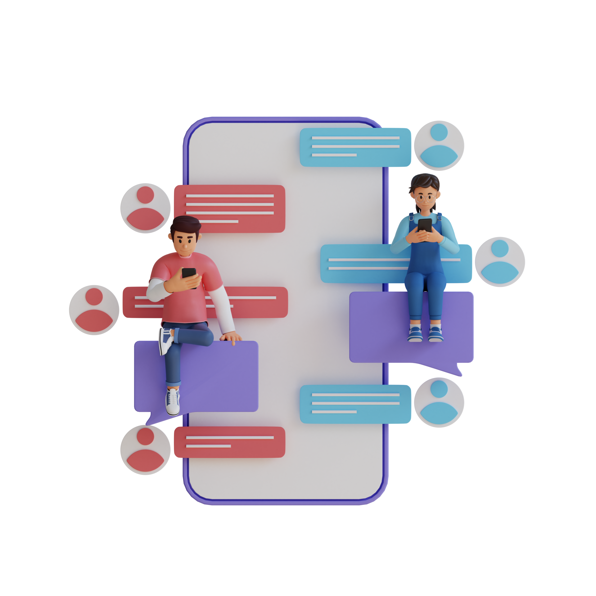 hombre y mujer envían un mensaje a través del móvil, ilustración de personajes en 3d 11345116 PNG