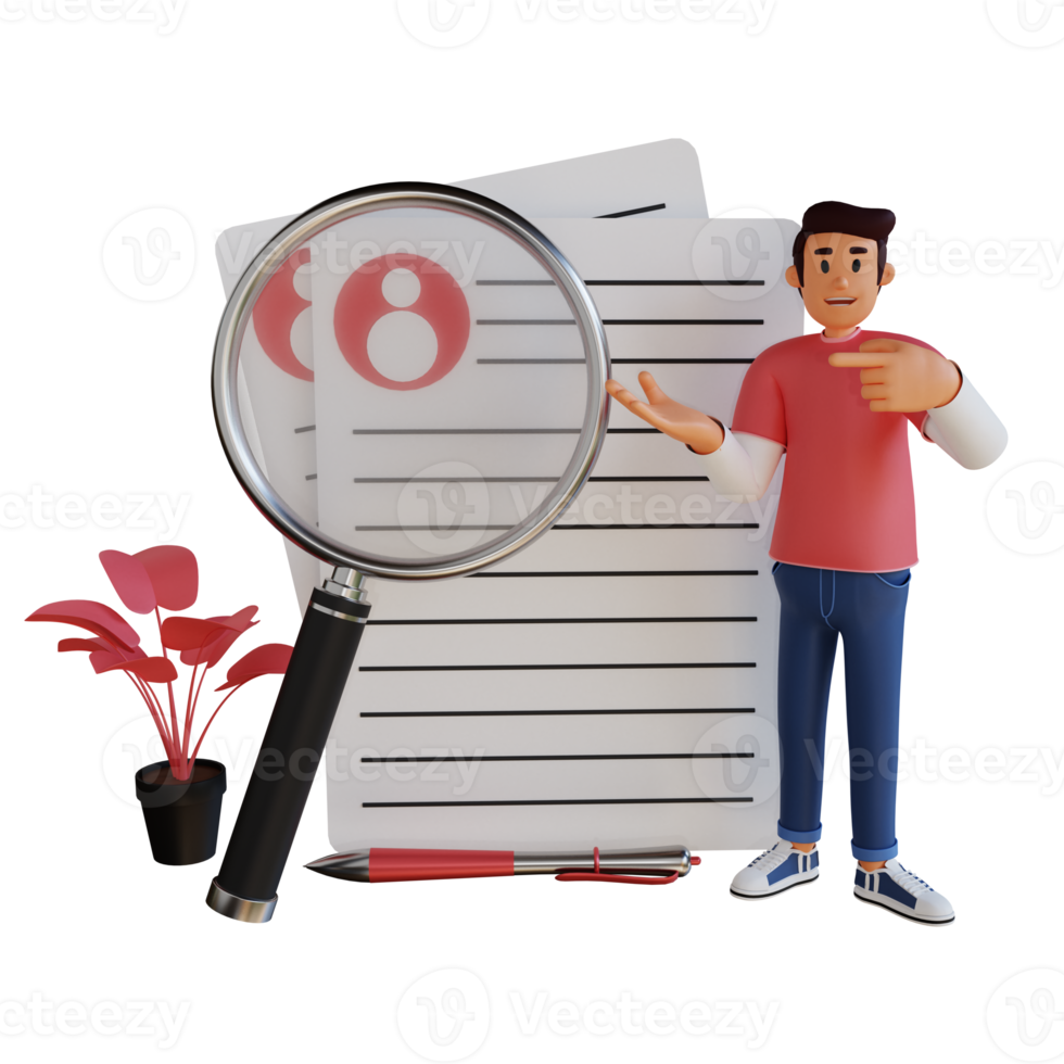 Young Man Holding Magnifying Glass 3d Cartoon Character Illustration