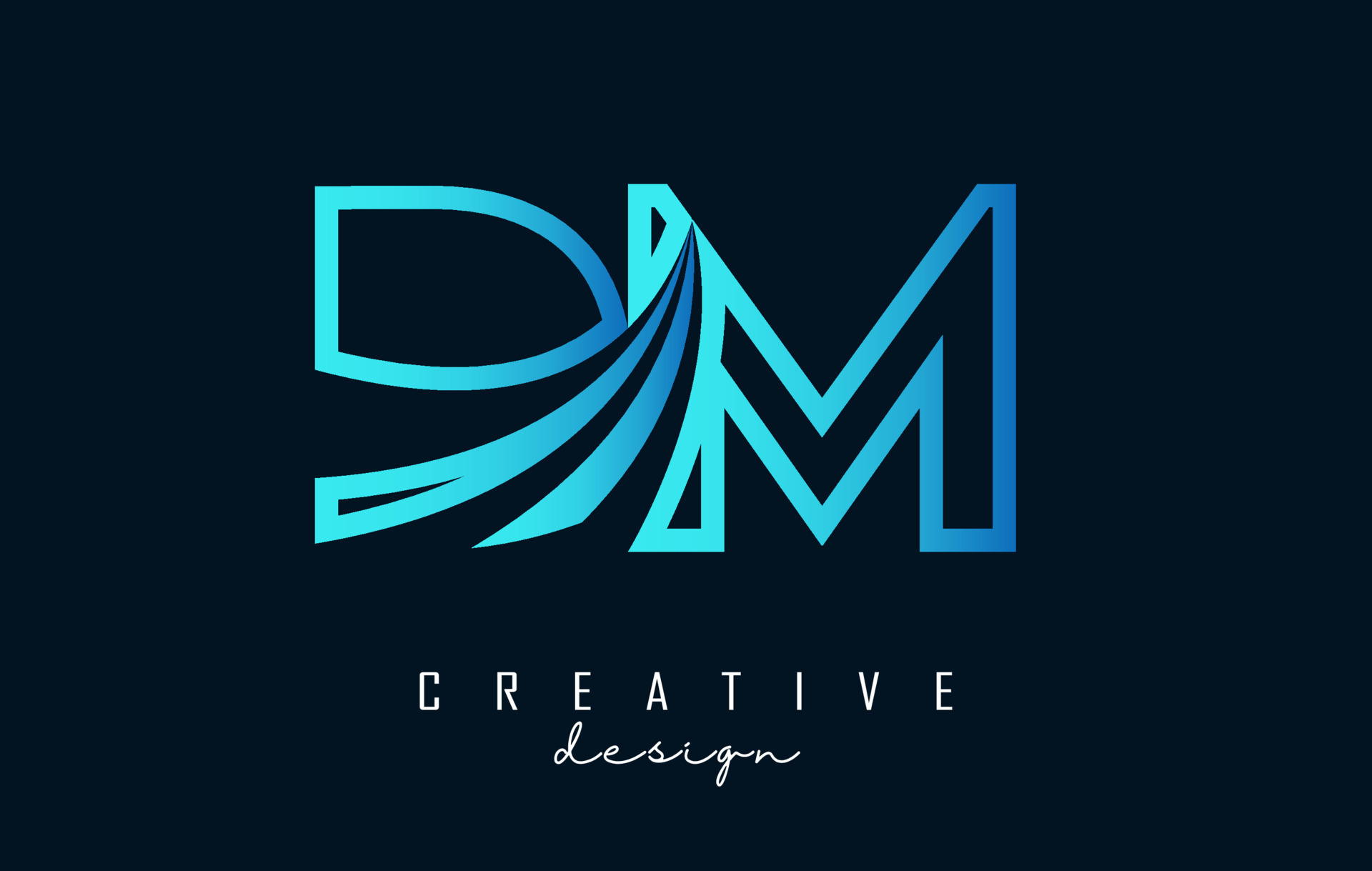 Outline blue letters DM d m logo with leading lines and road concept design. Letters with ...