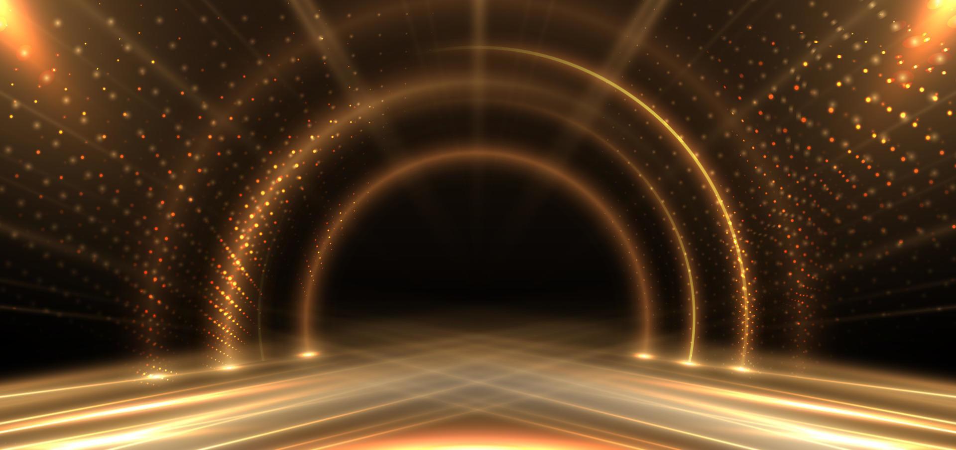Elegant golden stage circle glowing with lighting effect sparkle on black background. Template ...