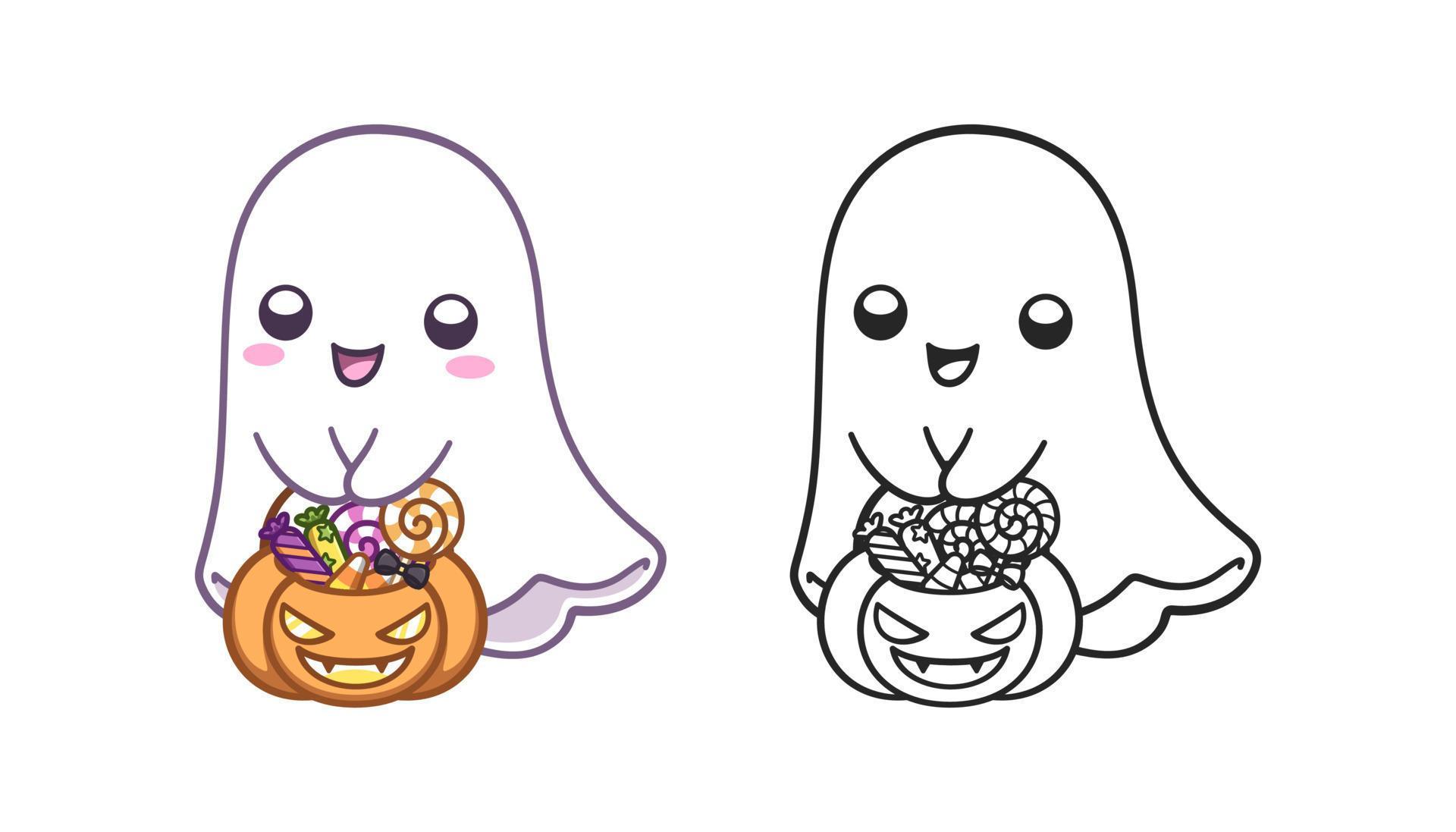 Cute happy ghost holding a pumpkin bucket filled with candy colored and ...