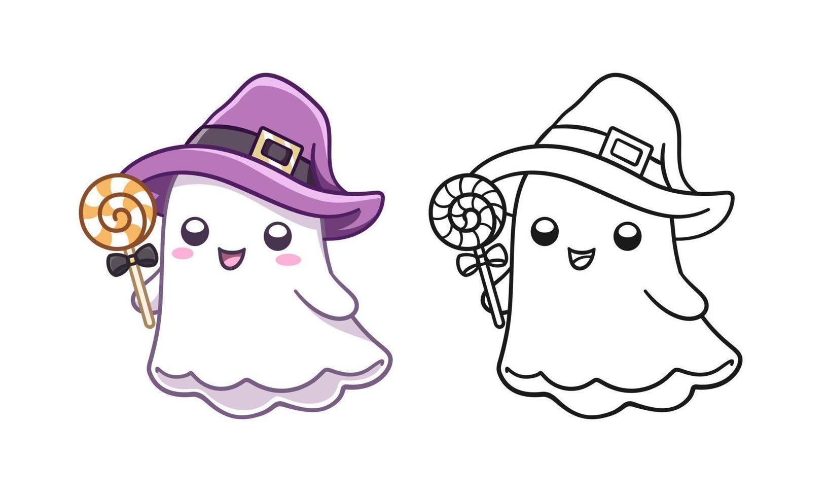 Cute ghost wearing witch hat holding candy colored and outline doodle ...