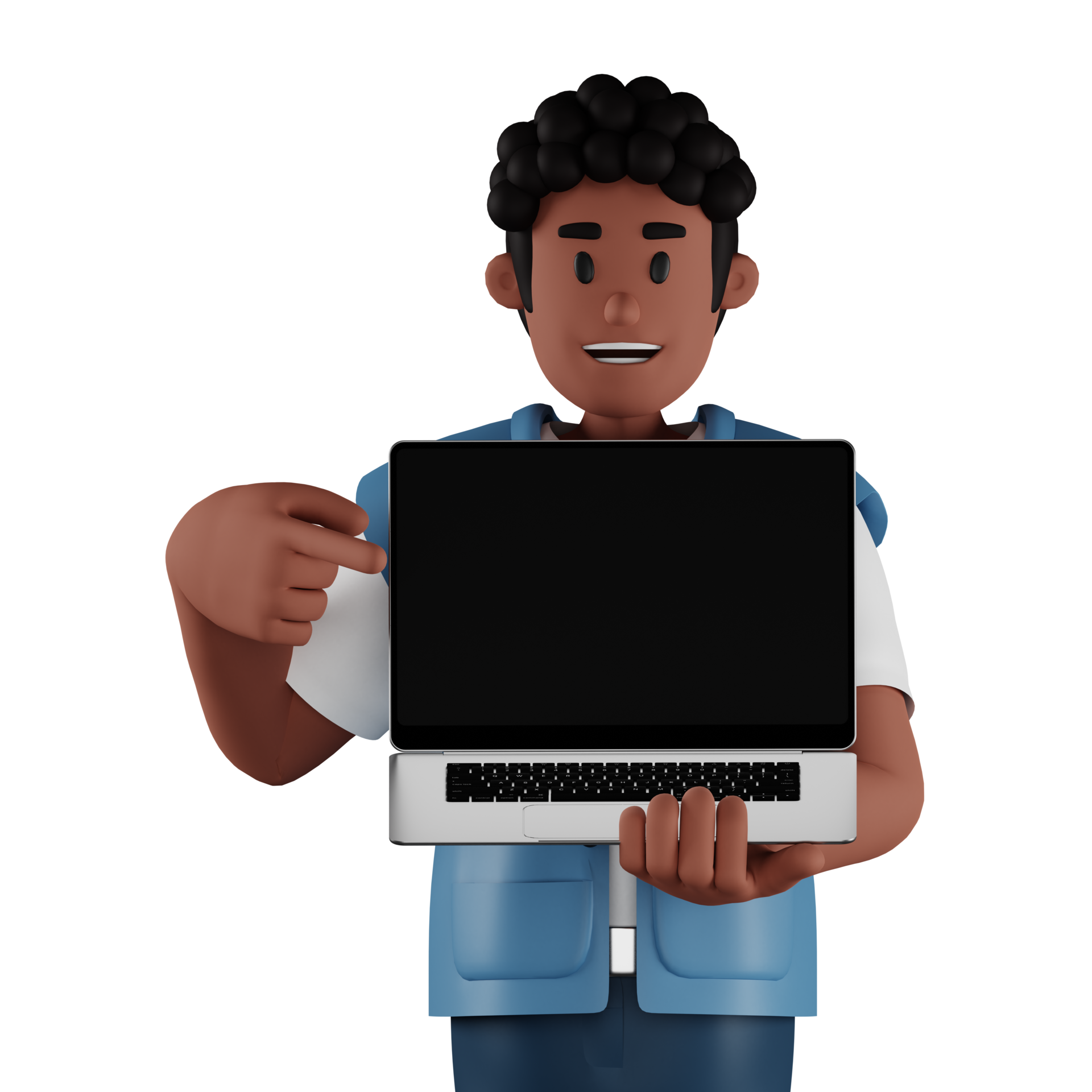 Curly haired young man holding laptop 3d character illustration ...