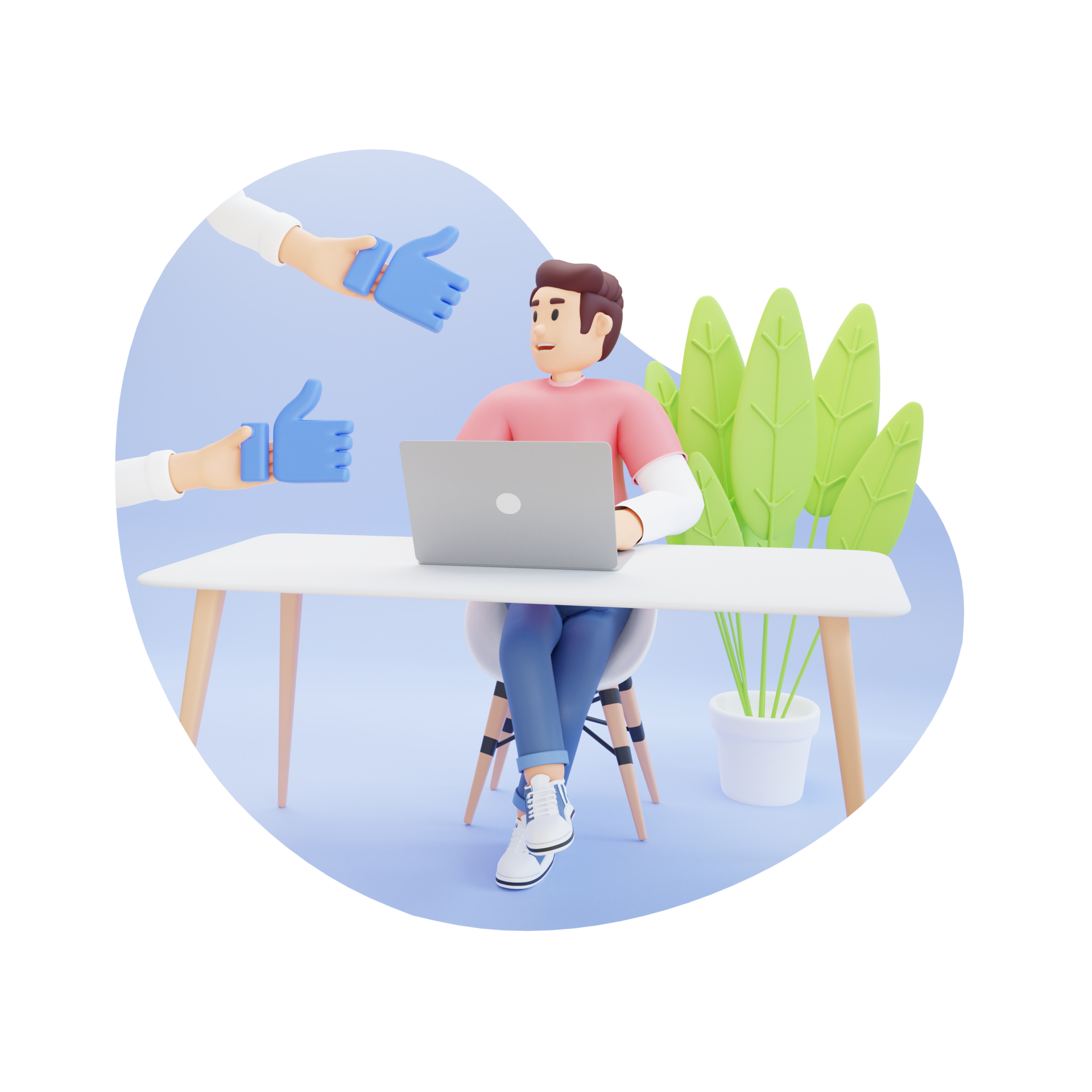 young man using laptop while sitting on chair 3d character illustration ...
