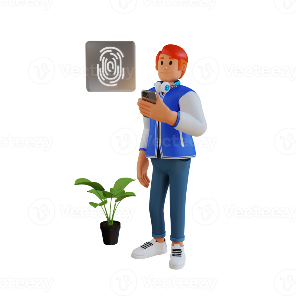 Man Verify Identity Scan Fingerprint Before Access Mobile Data 3d