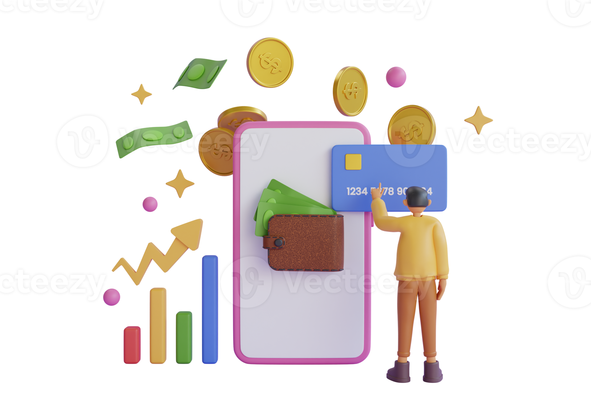 3D rendering payment via credit card concept. Secure online payment transaction with smartphone ...