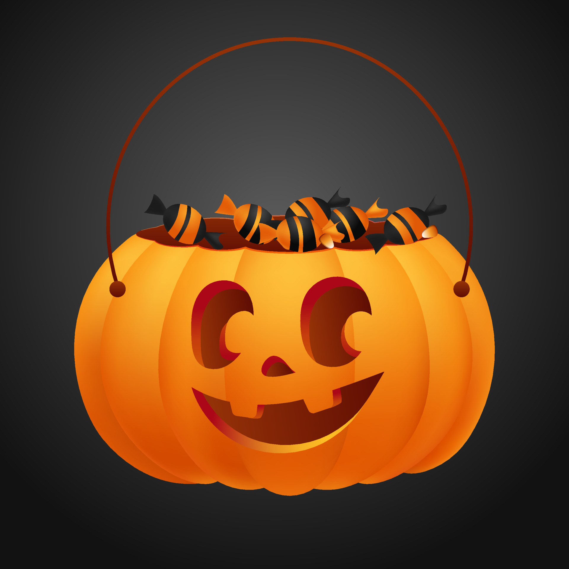 Happy Halloween holiday. Banner or invitation, orange candy bag pumpkin ...