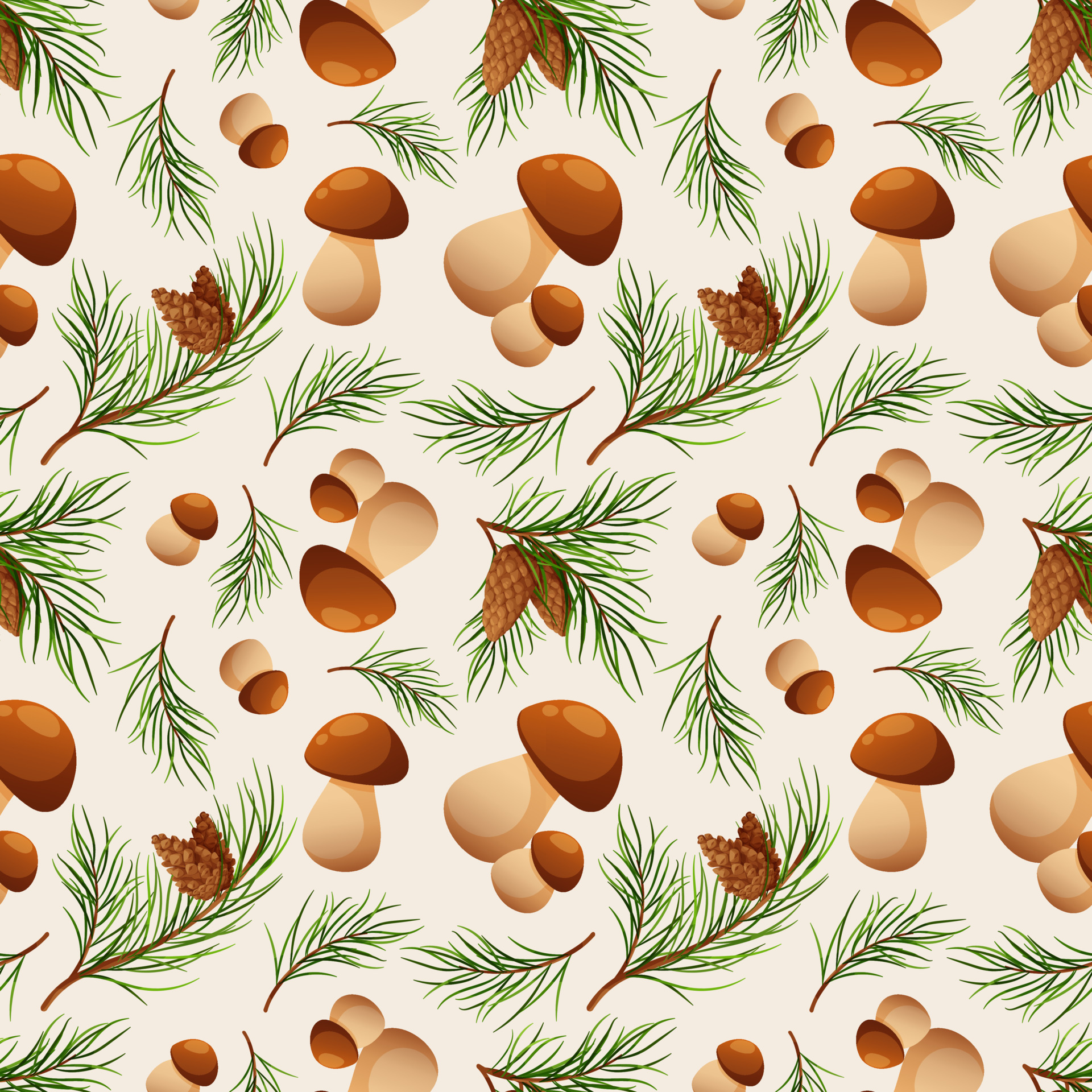 Seamless pattern with pine branches and porcini mushrooms. Forest pattern, mushrooms and needles ...
