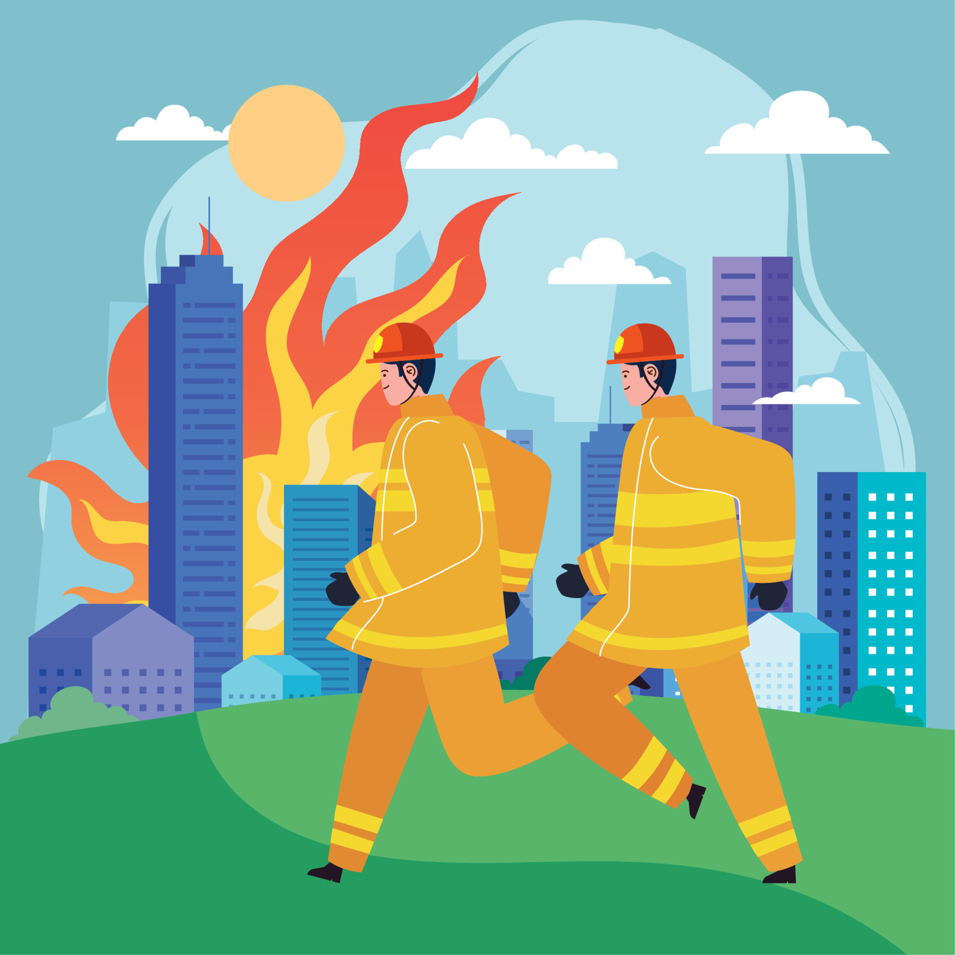 two firefighters running 11378789 Vector Art at Vecteezy