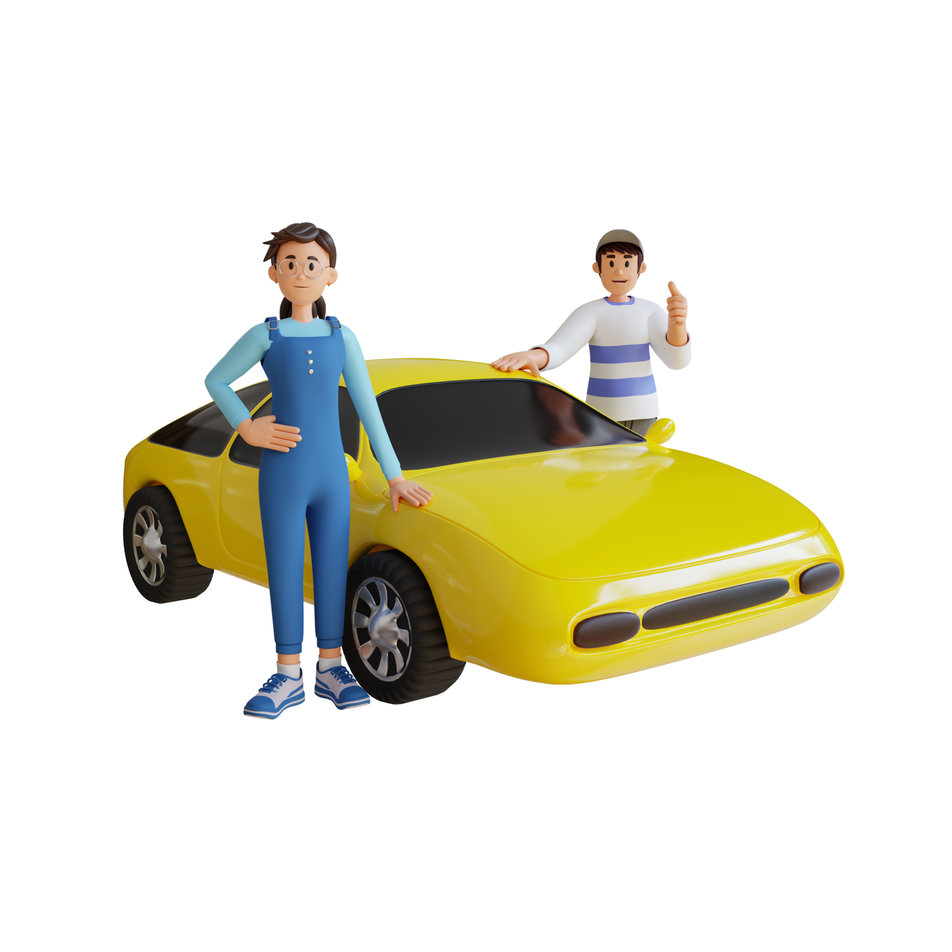 young man and girl standing next to yellow car 3d character ... young man and girl standing next to yellow car 3d character ...