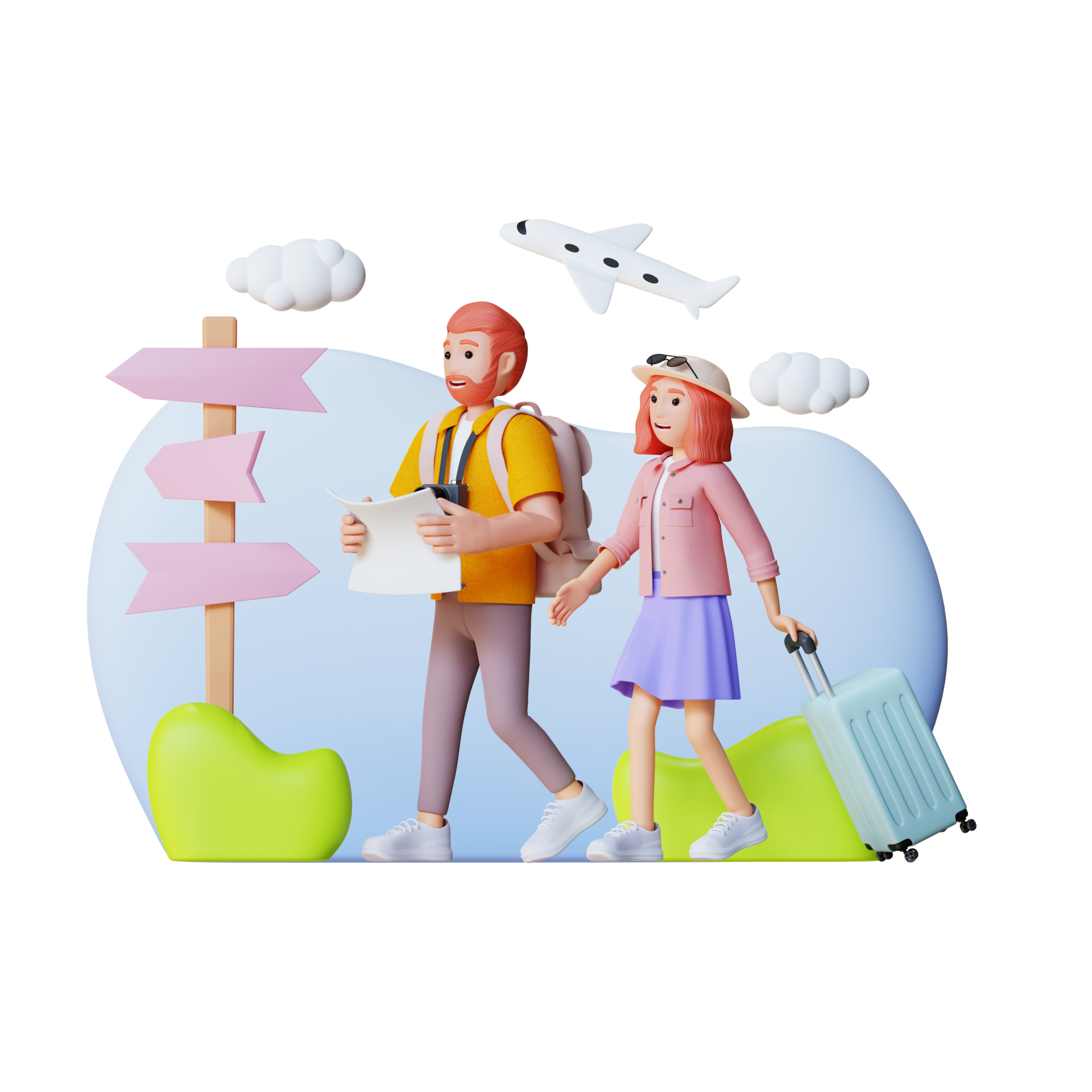 Couple Of Tourist Hold Suitcase And Paper Map Search Route 3d Character Illustration 11382045 Png