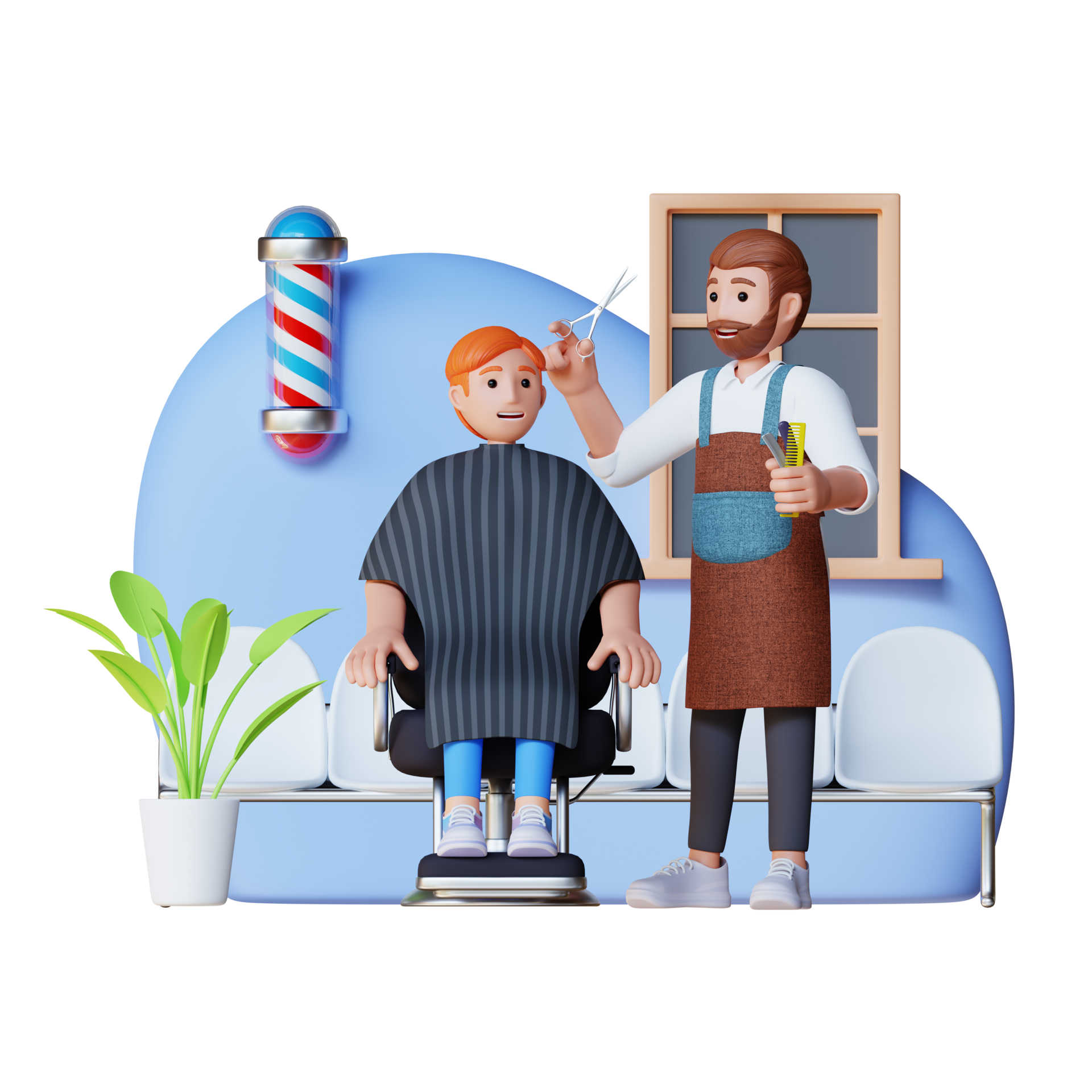 Barber Shop Cut Customer Hair And Talk To Each Other 3d Character barber-shop-cut-customer-hair-and-talk-to-each-other-3d-character