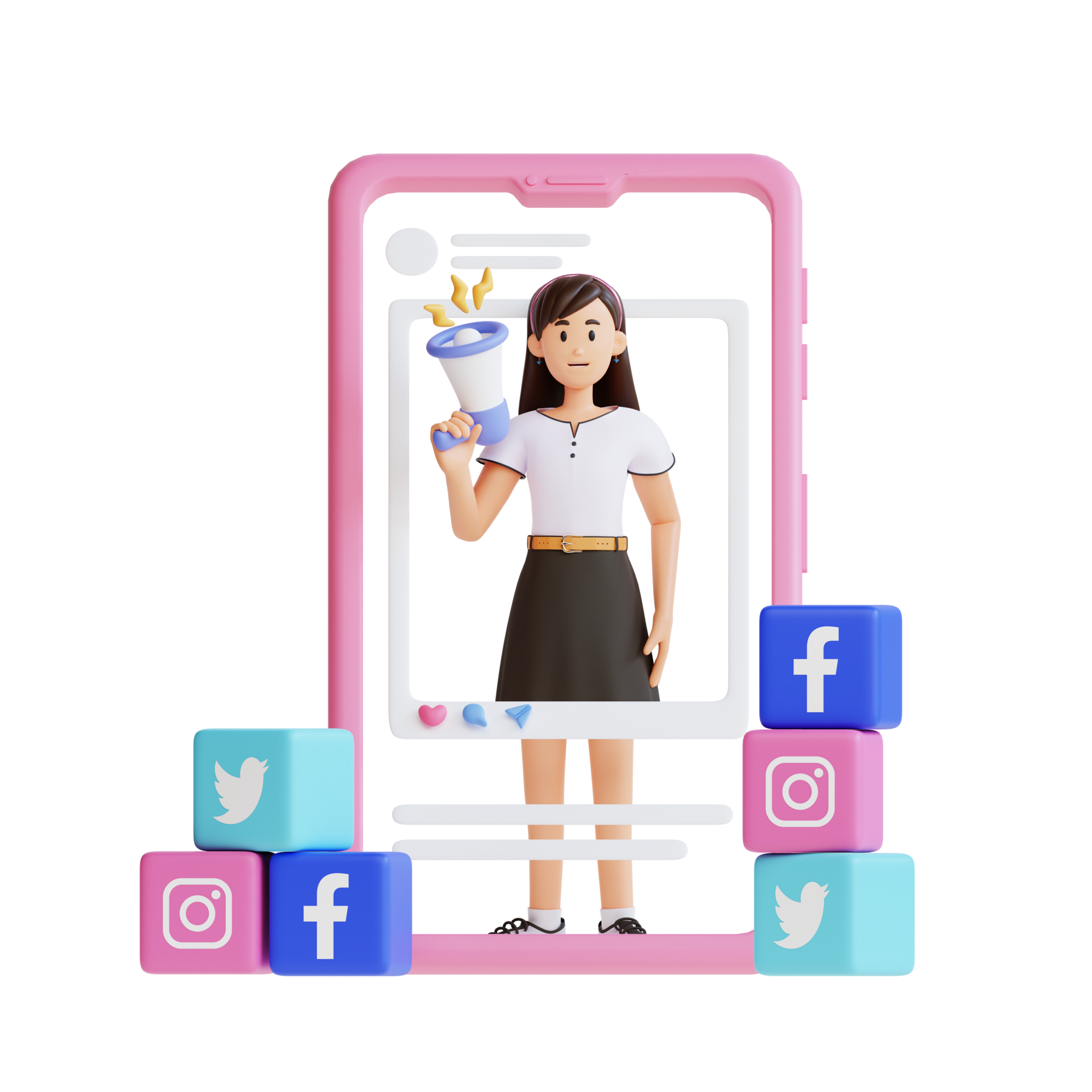 Young Girl Doing Digital Marketing On Social Media App 3d Character