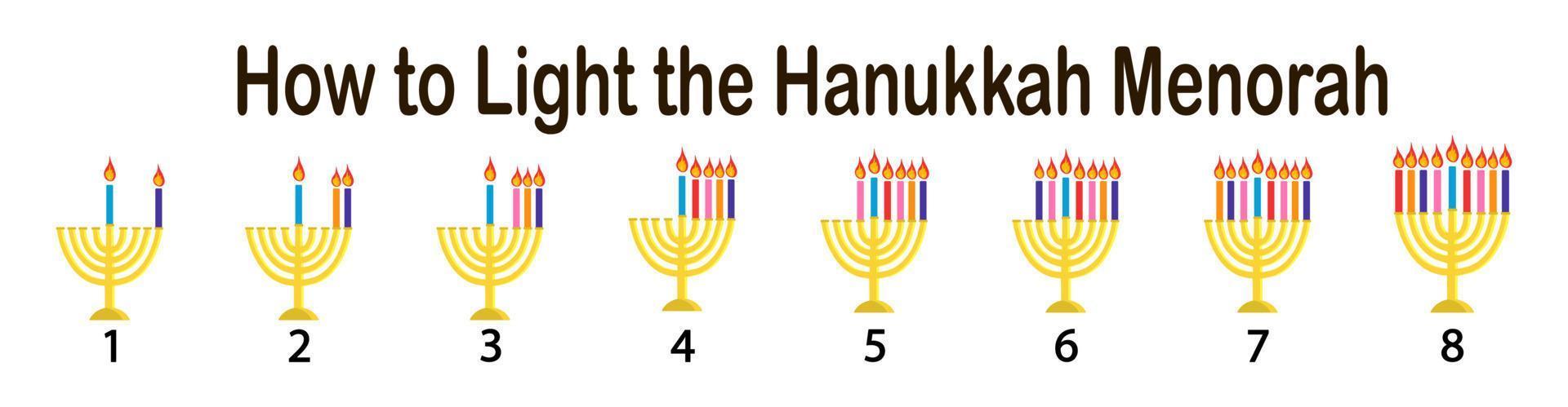 How to light Hanukkah menorah vector illustration isolated on white ...