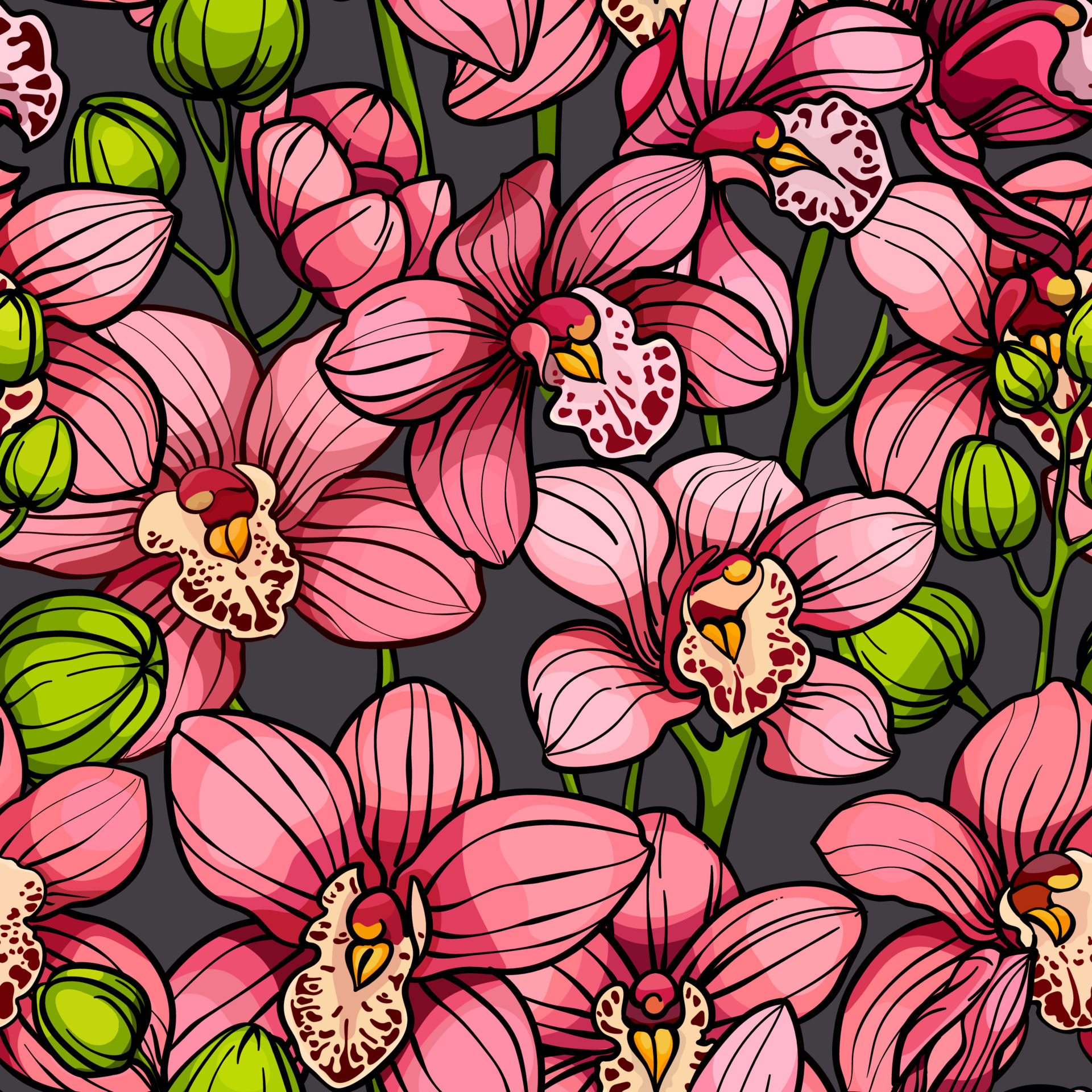 Pink Orchids On Gray Background Seamless Vector Pattern Hand Drawn