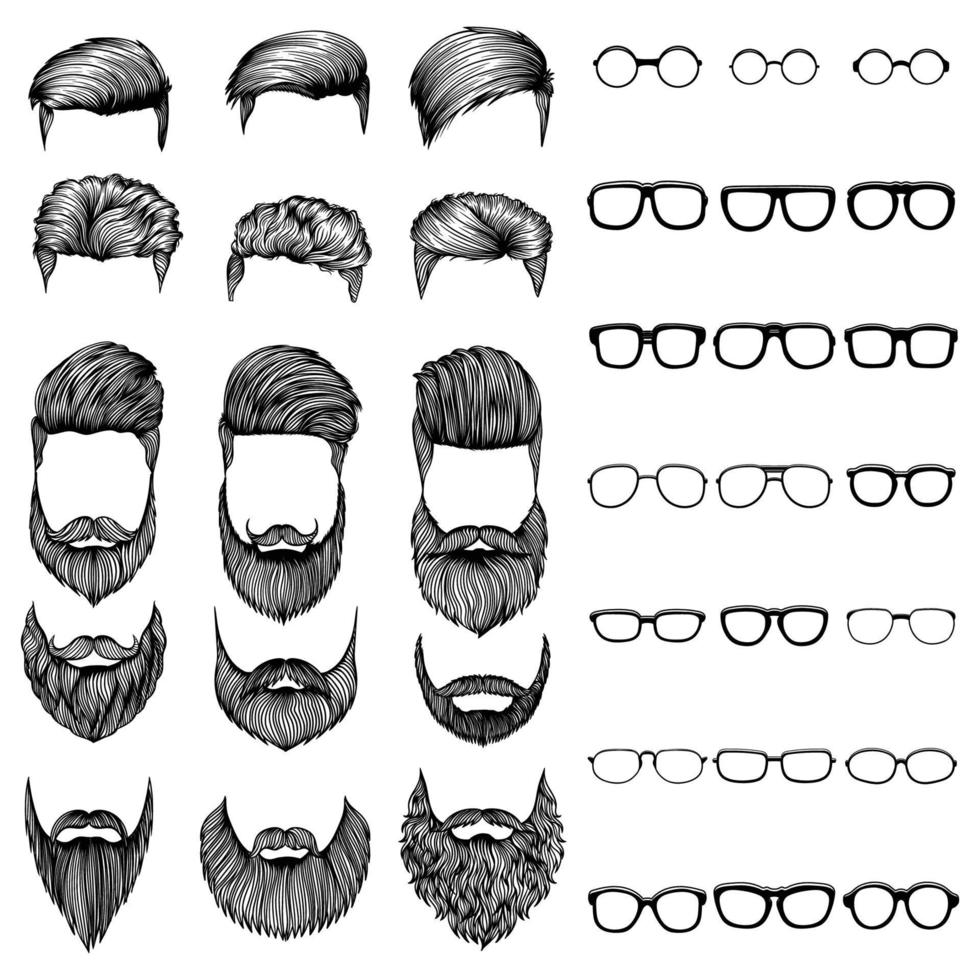 Men Hair Mustache And Beard Style With Glasses Elements Vector