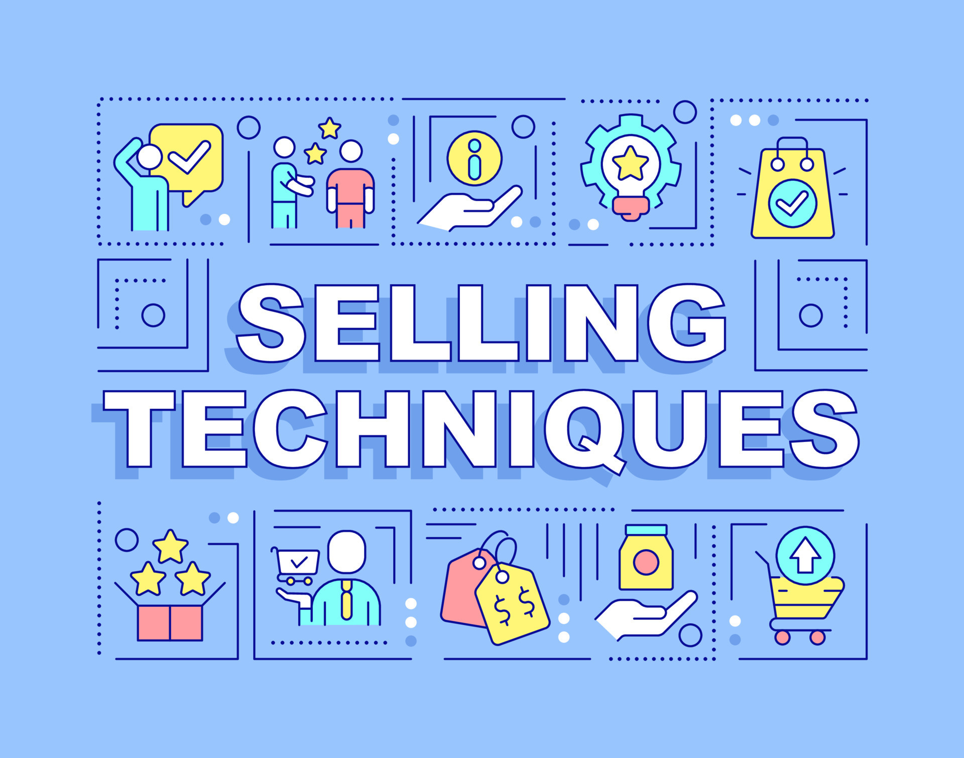 Selling techniques word concepts purple banner. Salesperson skills. Infographics with editable ...