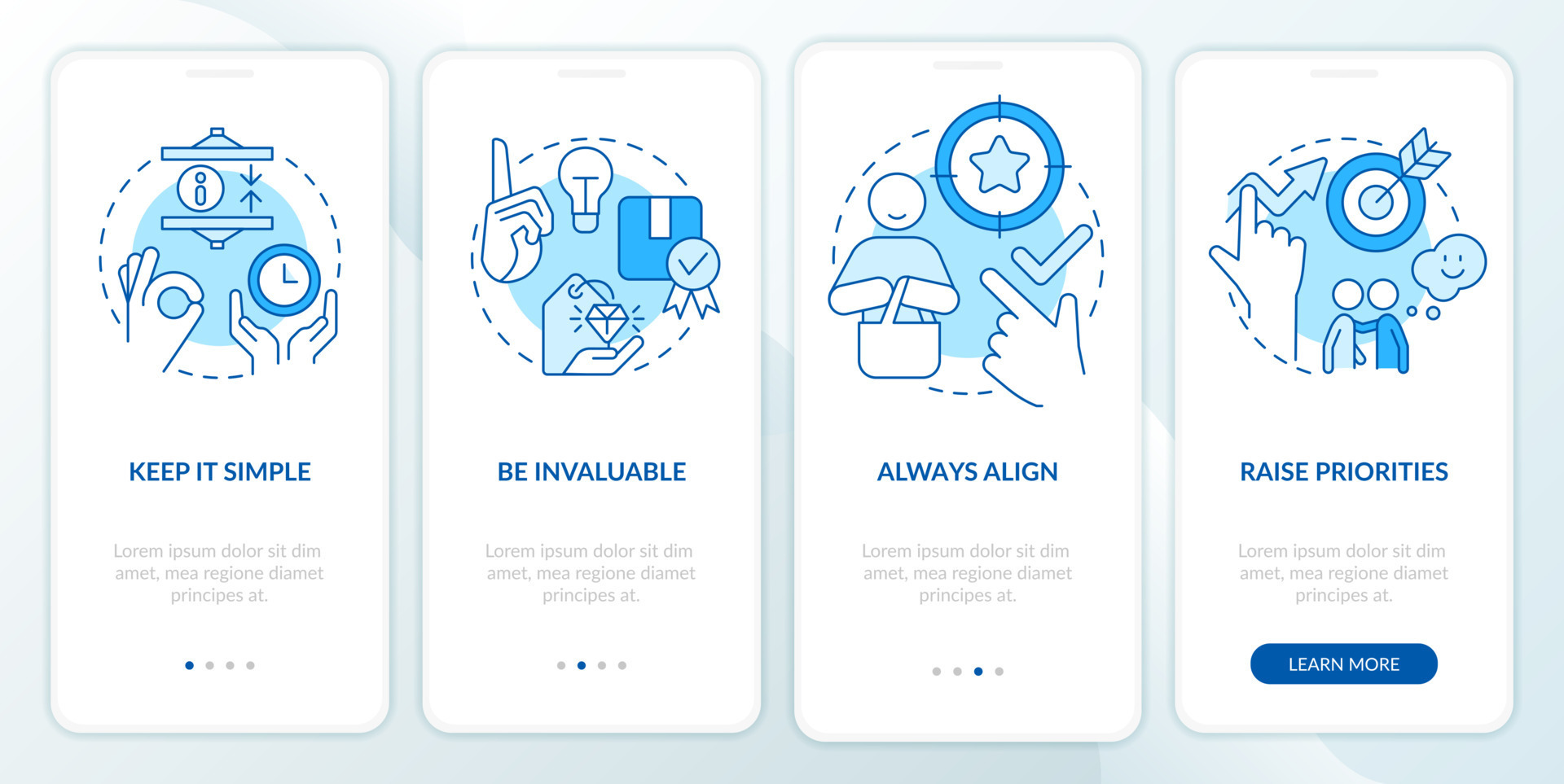 Components Of Communication Blue Onboarding Mobile App Screen Selling Walkthrough 4 Steps