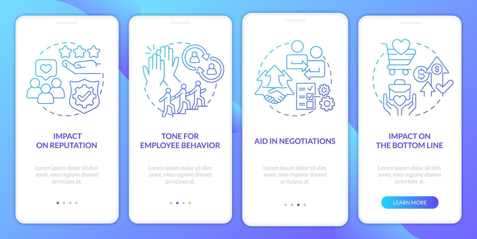 Business ethics advantages blue gradient onboarding mobile app screen. Walkthrough 4 steps ...