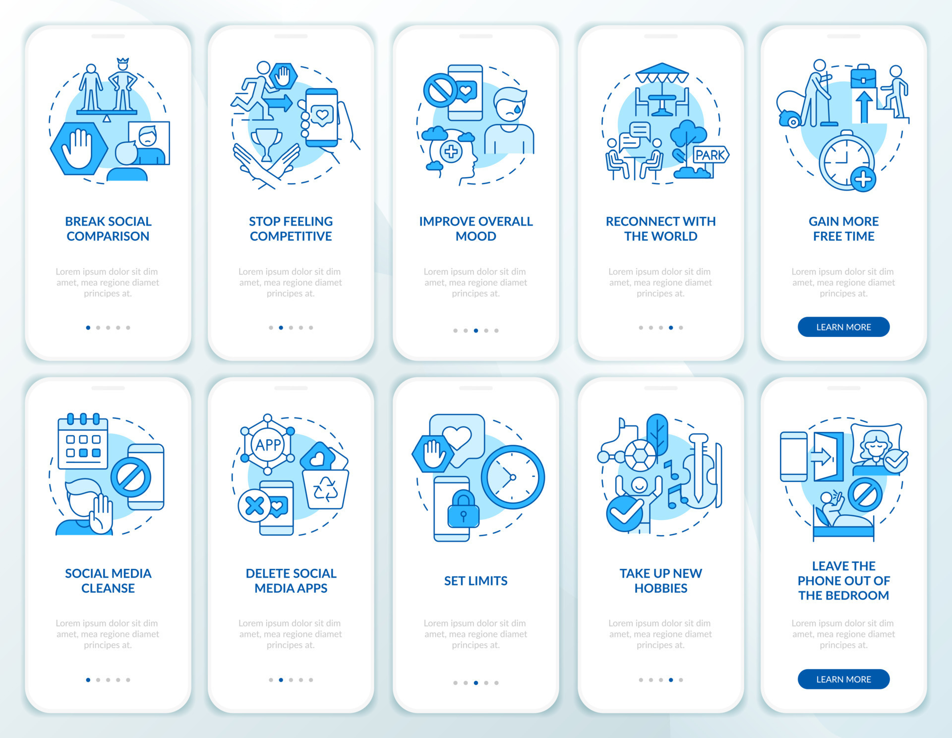 Game And Social Network Addiction Blue Onboarding Mobile App Screen Set