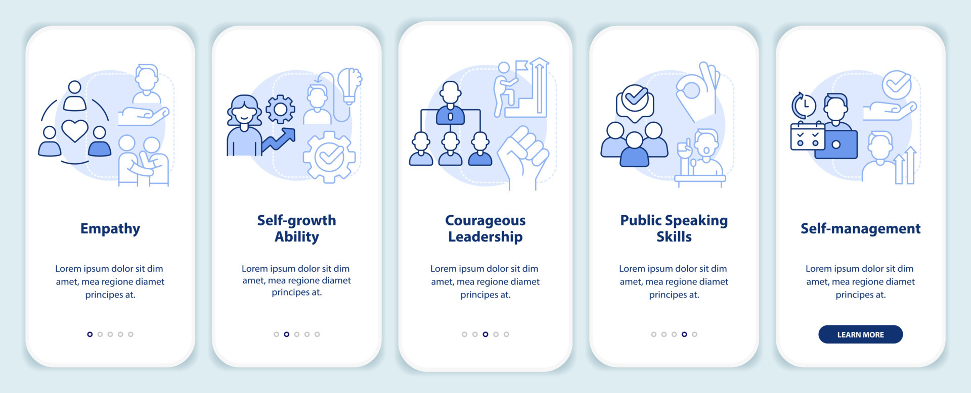 Trendy Soft Skills Light Blue Onboarding Mobile App Screen Self Growth Walkthrough 5 Steps