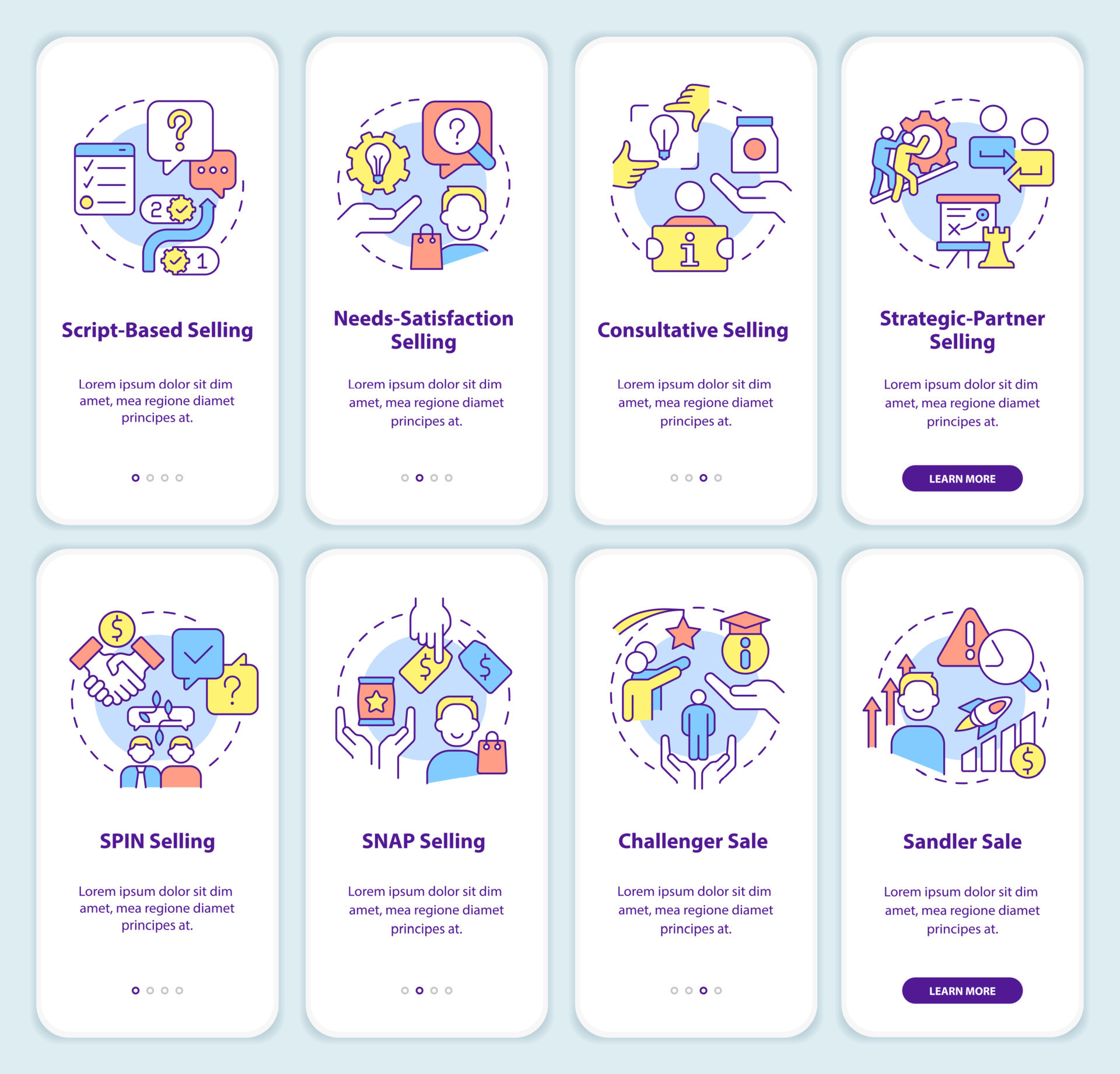 Selling Strategies And Techniques Onboarding Mobile App Screen Set Walkthrough 4 Steps Editable