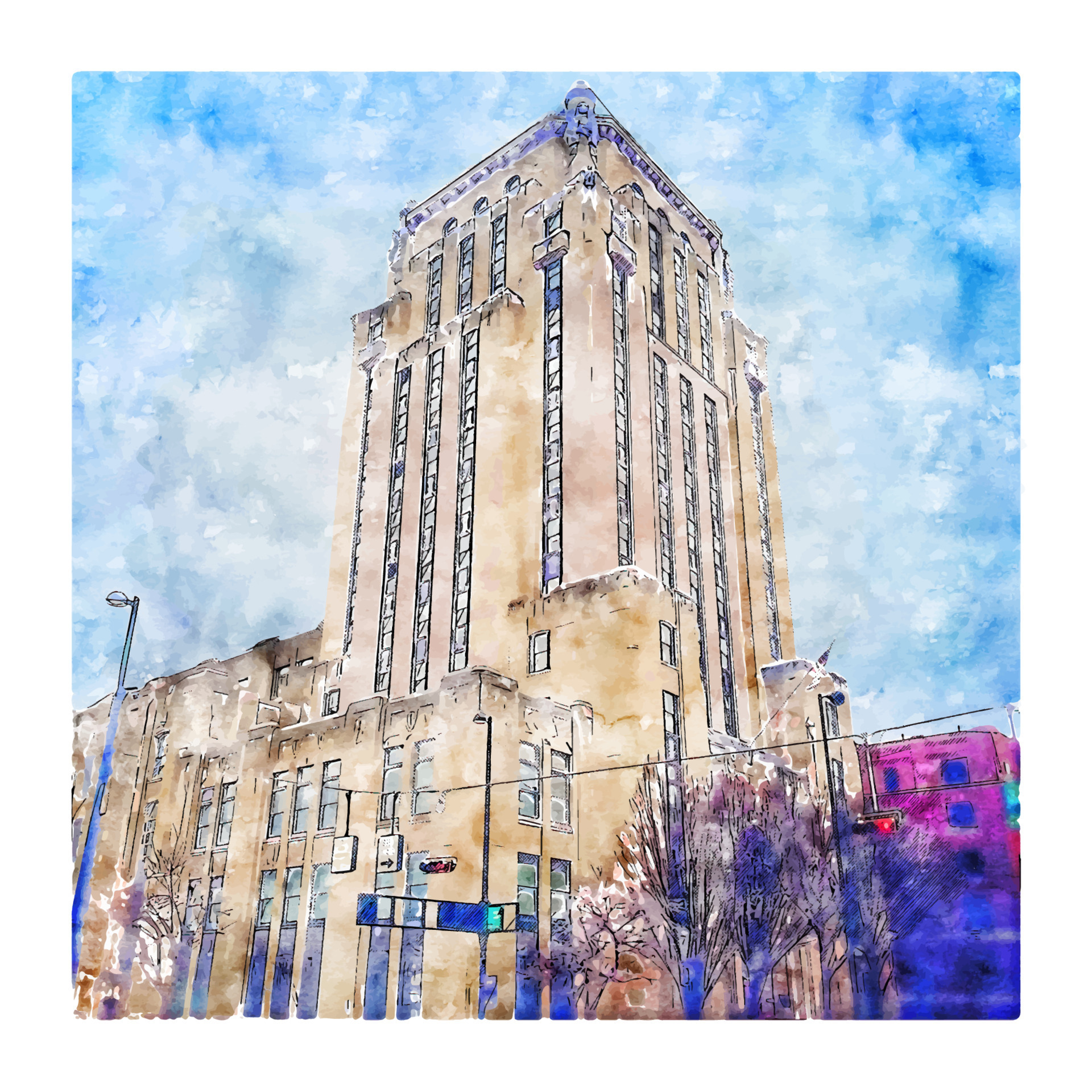 Architecture New York Watercolor sketch hand drawn illustration ...