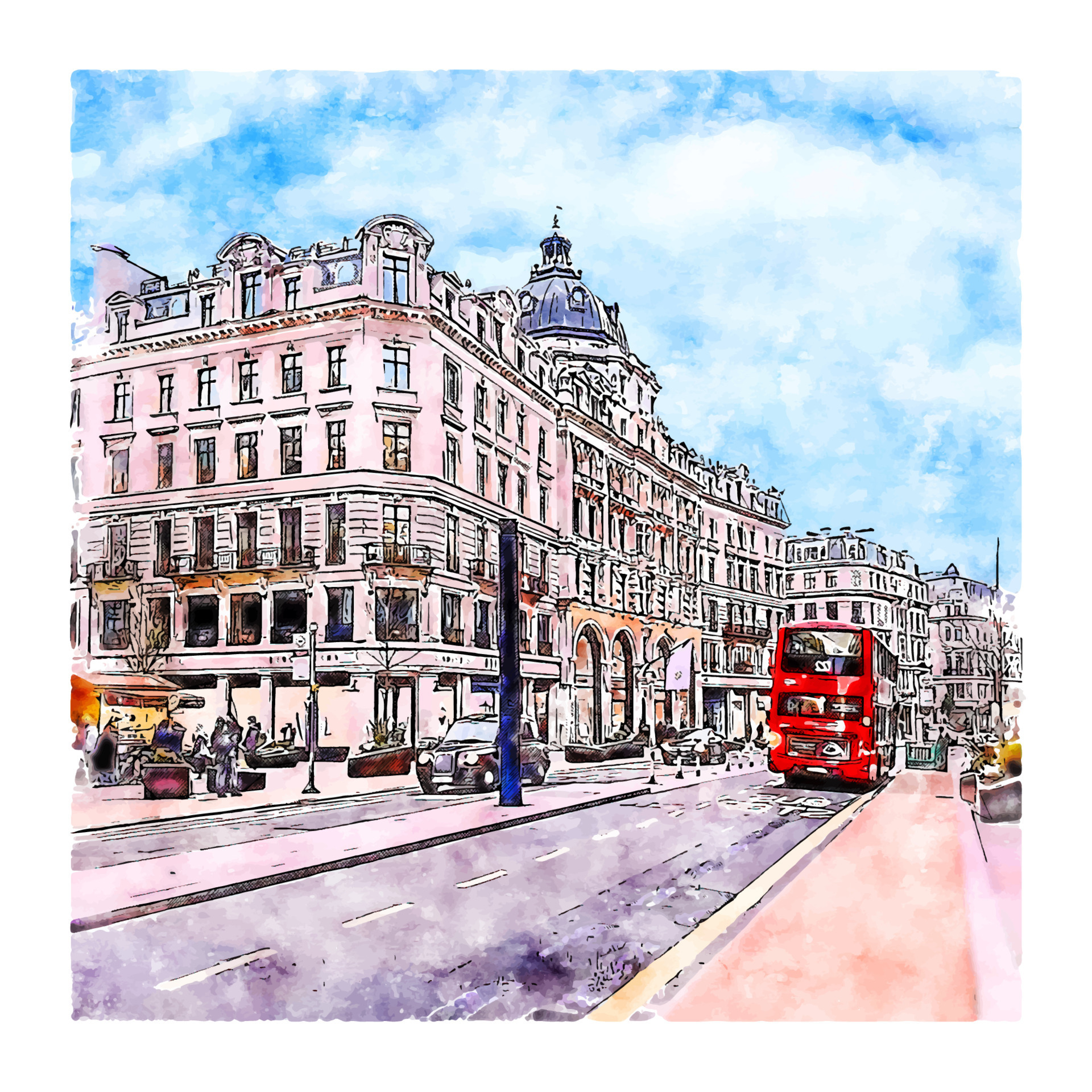 London United Kingdom Watercolor sketch hand drawn illustration ...