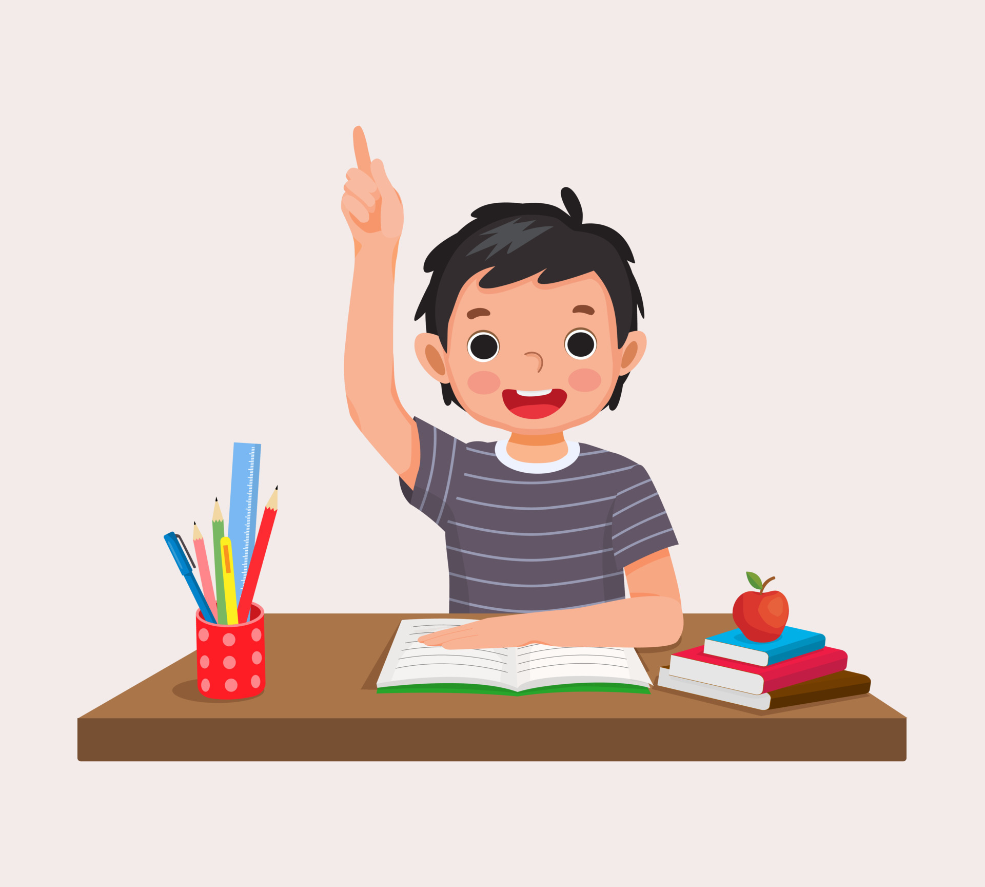 happy little boy student rising hand answering question sitting at her ... happy little boy student rising hand answering question sitting at her ...