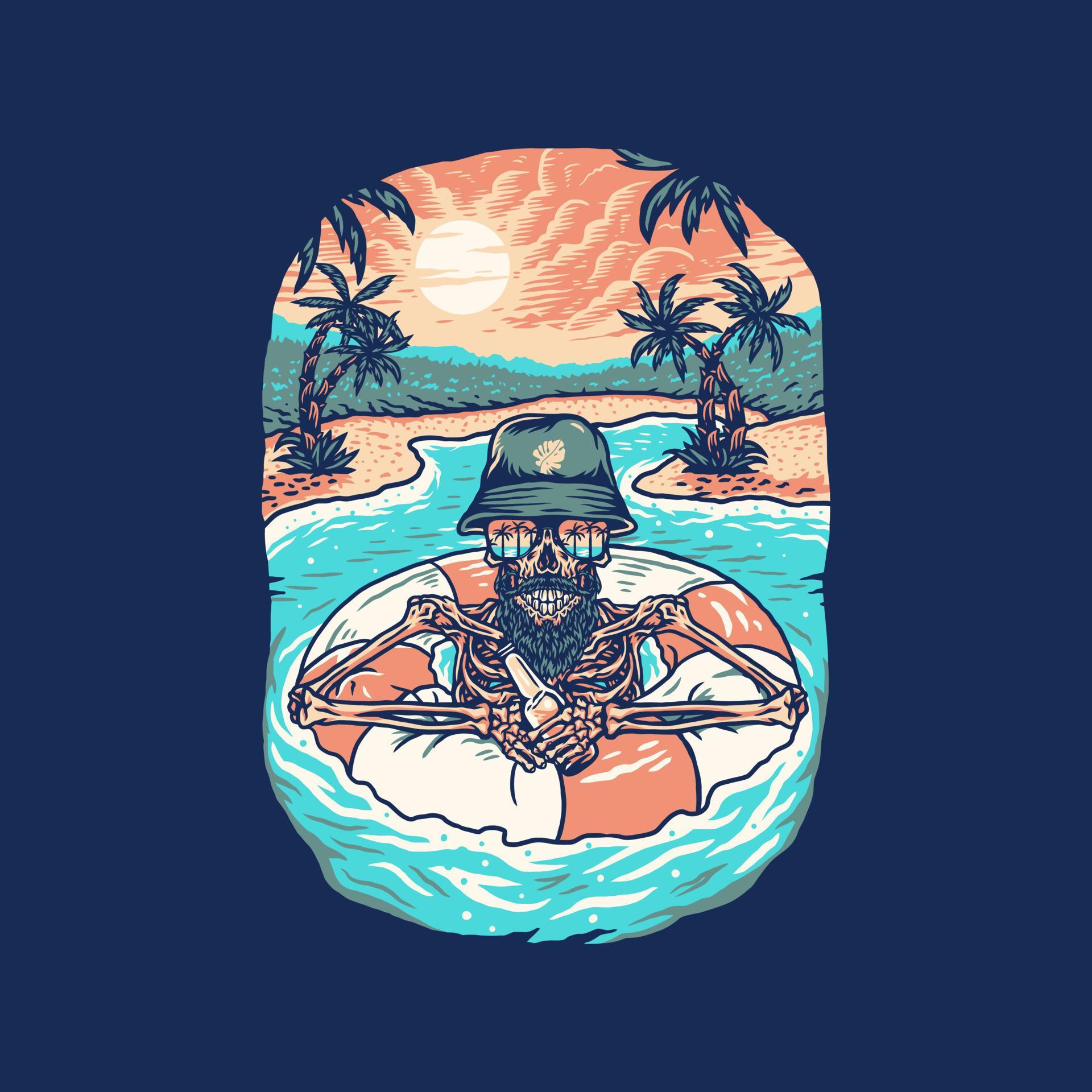 Skull Summer Beach T Shirt Graphic Design Hand Drawn Line Style With