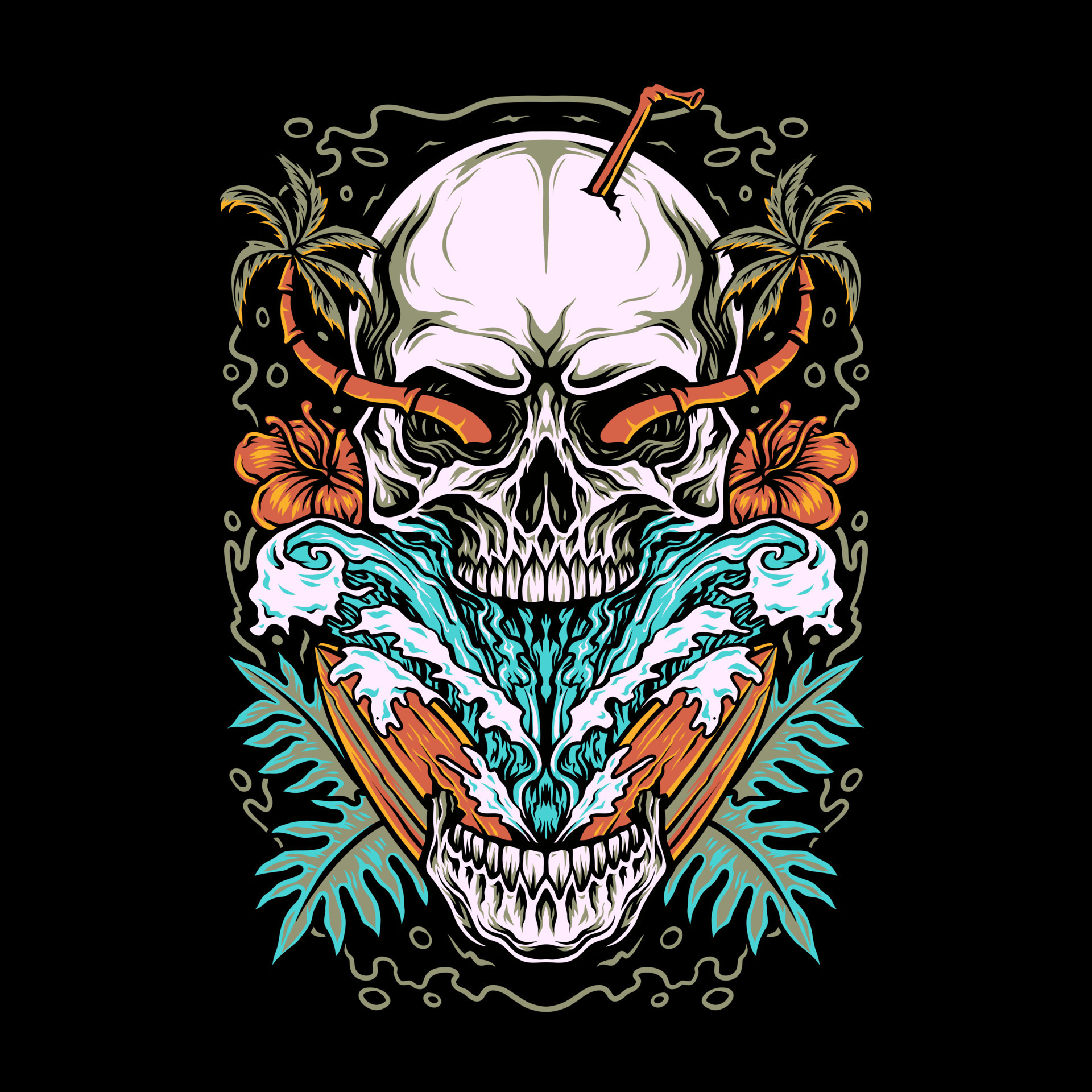 Skull Summer Beach T Shirt Graphic Design Hand Drawn Line With Digital
