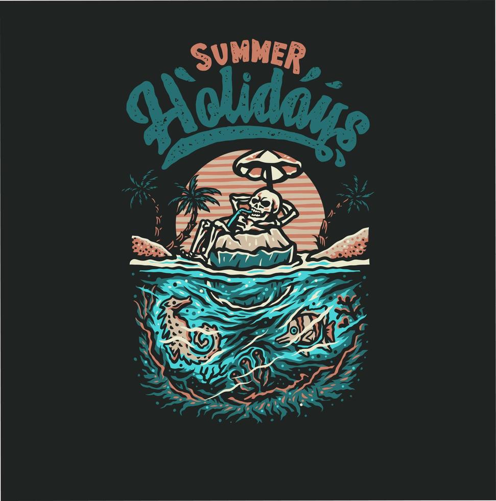 Skeleton Summer Beach T Shirt Graphic Design Hand Drawn Line Style