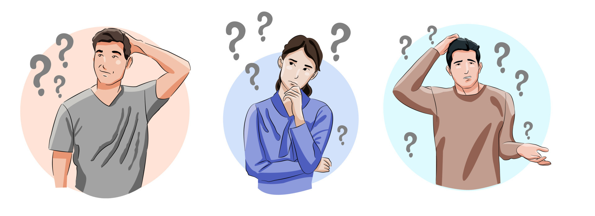 set of man and woman in guessing pose thinking guessing with question ... set of man and woman in guessing pose thinking guessing with question ...
